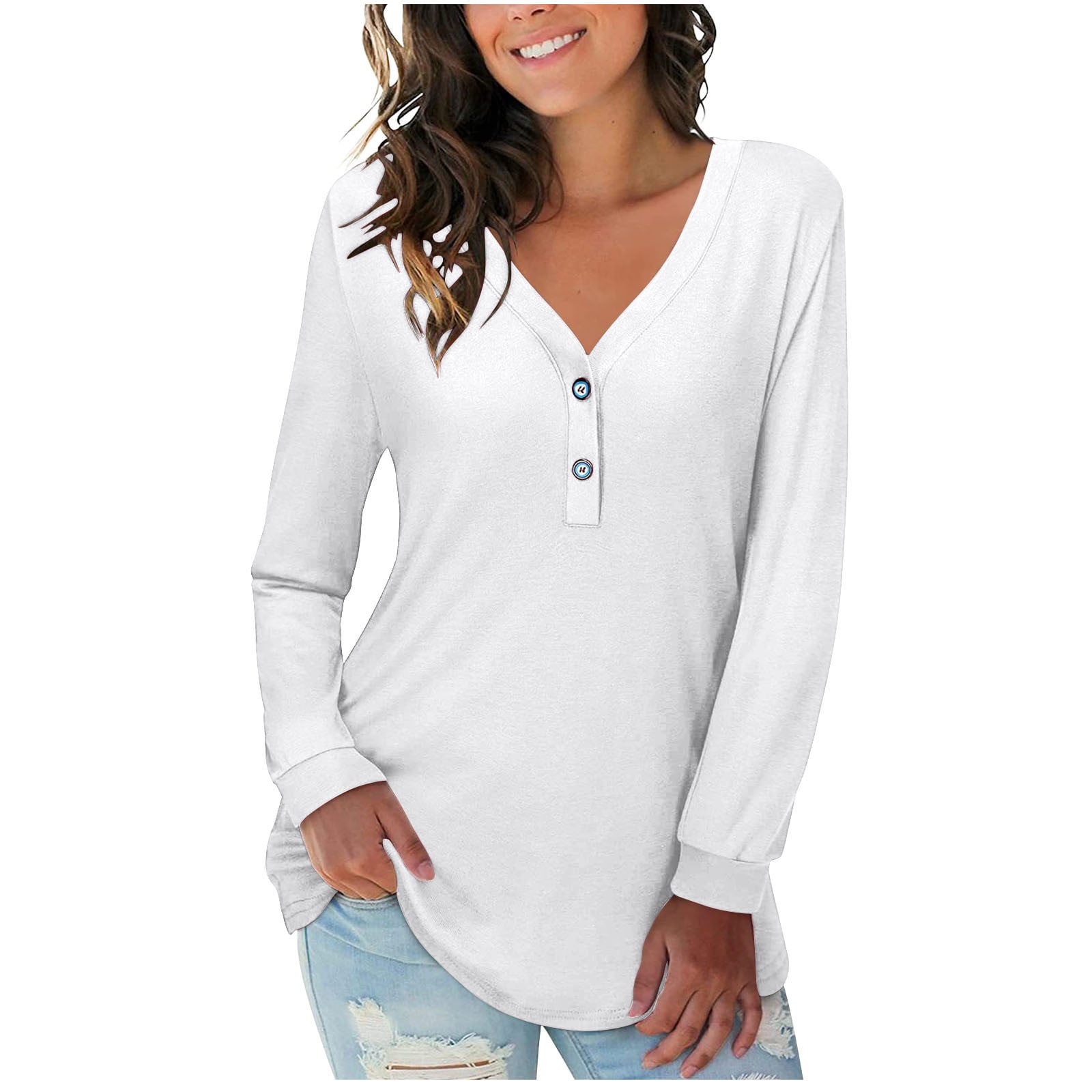 qucoqpe Womens Long Sleeve Tops Pullover with Buttons Down Casual Solid Loose Fit V-Neck Tunics ...
