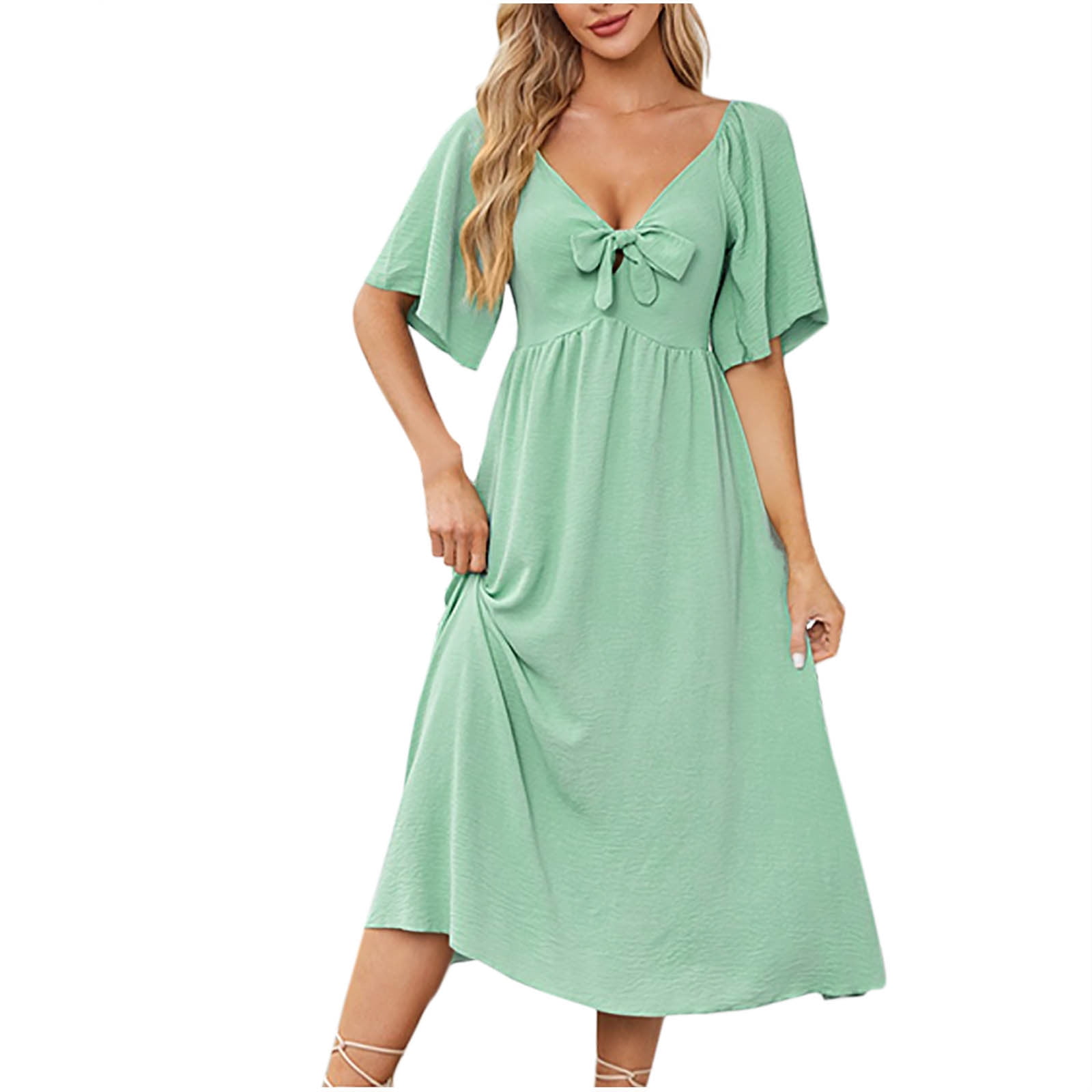 qucoqpe Womens Summer Dress Sexy V Neck Short Sleeve Bow Fold Retract ...