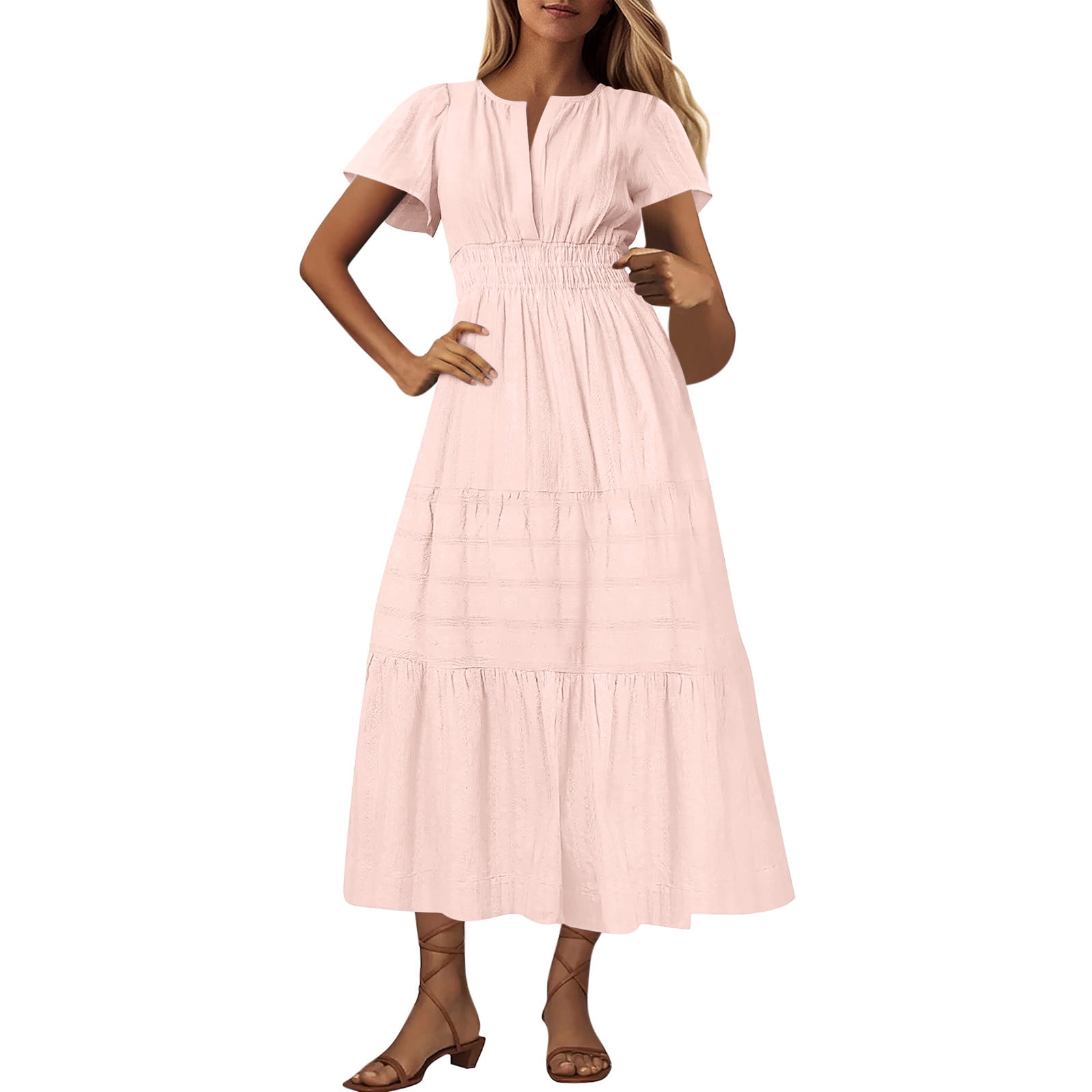 qucoqpe Womens Summer Long Maxi Dress V Neck Short Sleeve Elastic Waist ...