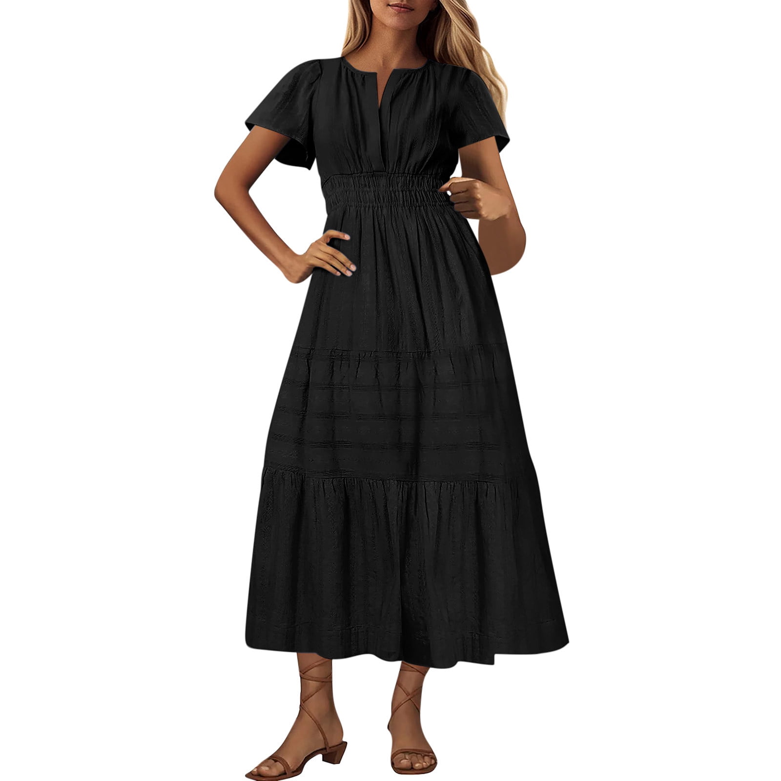 qucoqpe Womens Summer Long Maxi Dress V Neck Short Sleeve Elastic Waist ...