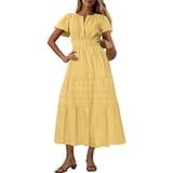 qucoqpe Womens Summer Long Maxi Dress V Neck Short Sleeve Elastic Waist ...