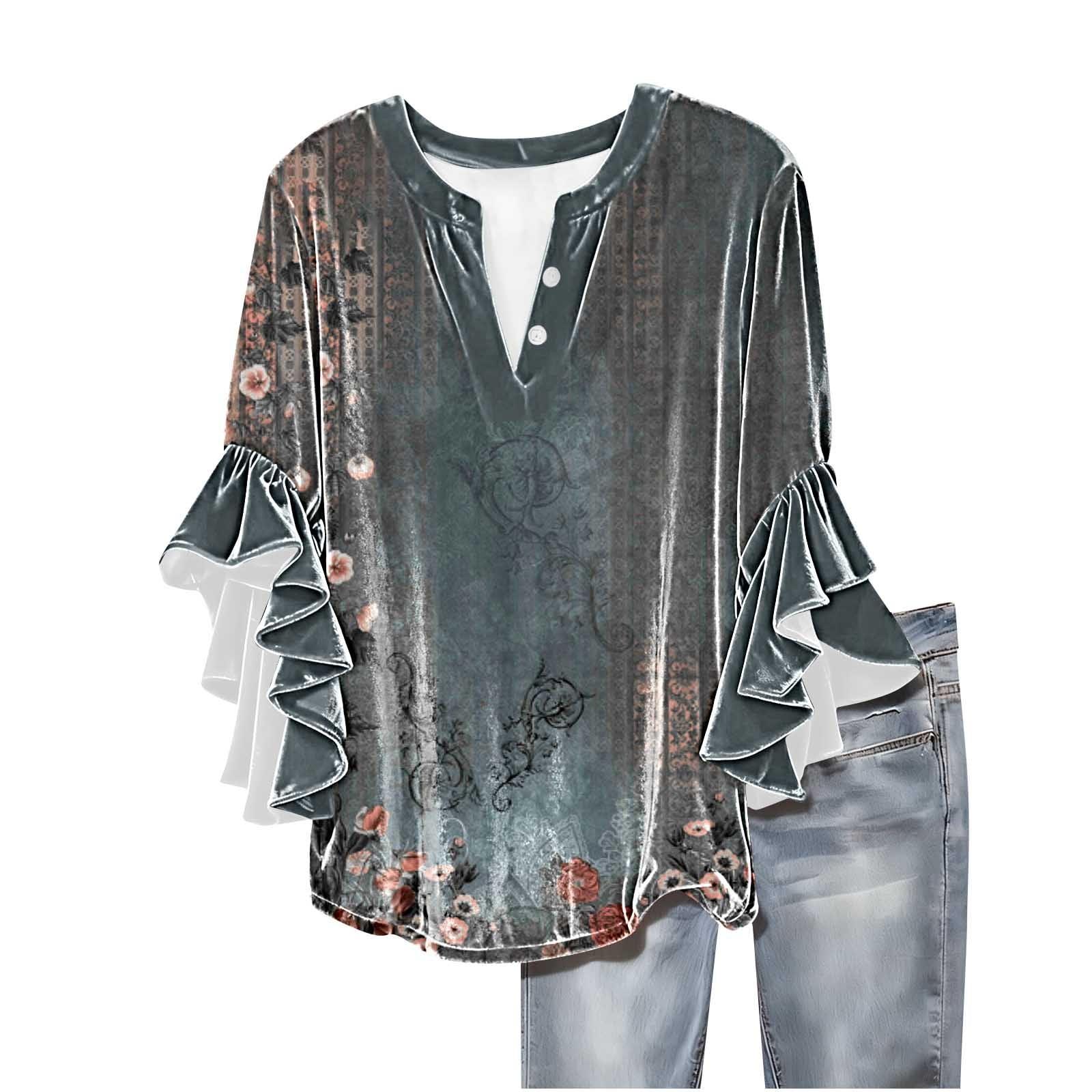 qucoqpe Womens Velvet Tops Ruffle 3/4 Sleeve V Neck Shirts Dressy ...