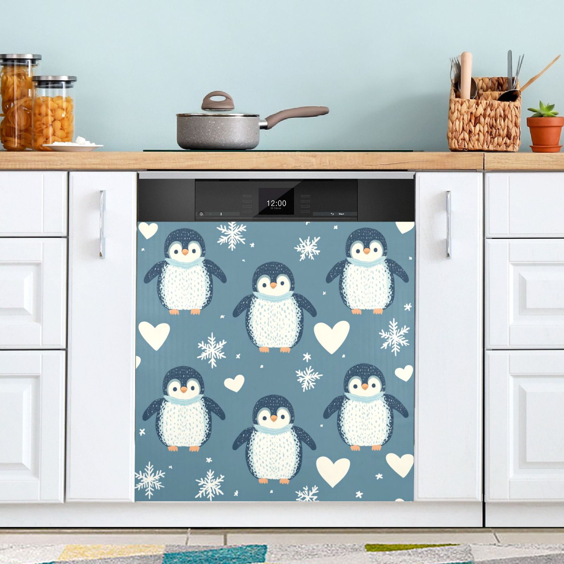qxltty Cute Penguins Blue Pattern Magnetic Dishwasher Sticker ...
