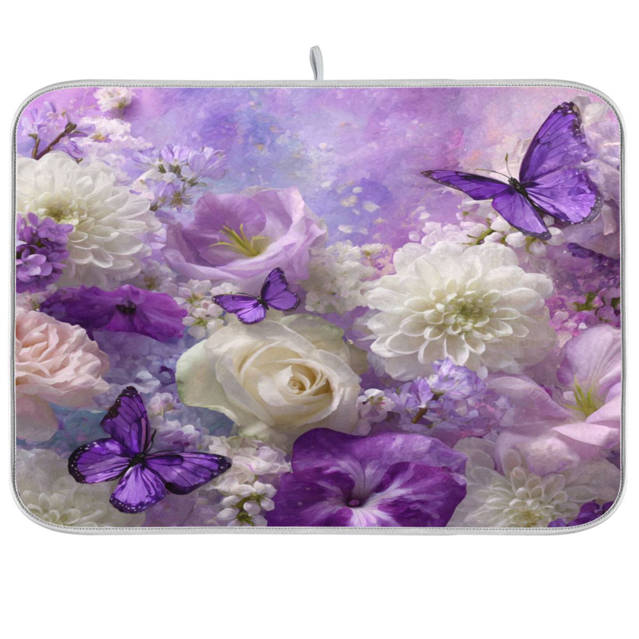 qxltty Purple Butterfly Floral Kitchen Drying Mat Extremely Absorbent ...