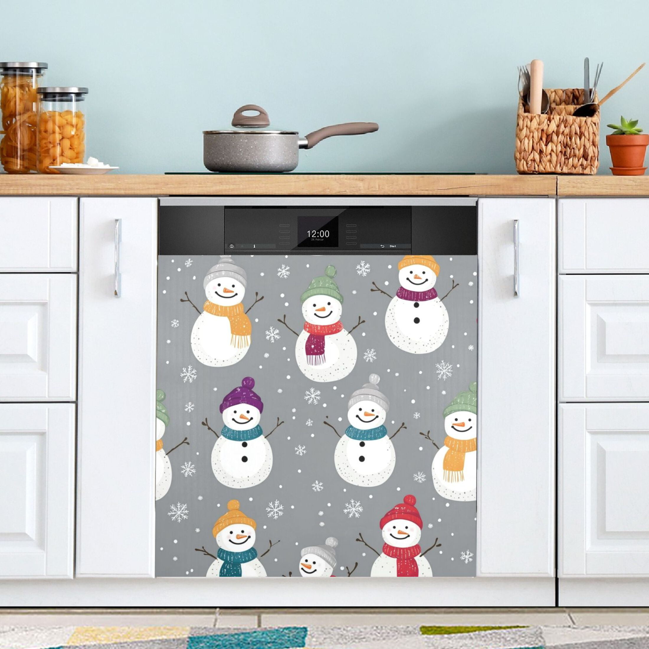 qxltty Snowman in A Gray Background Of Snowflakes Magnetic Dishwasher ...