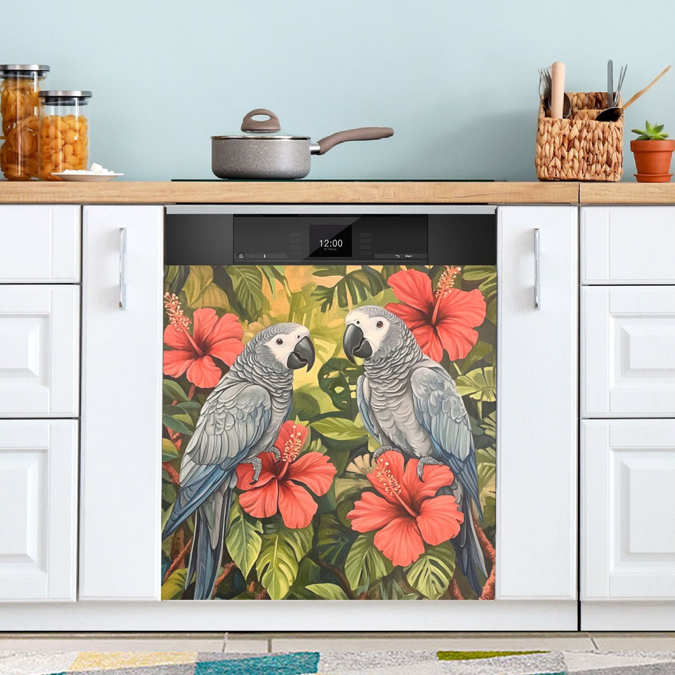 qxltty Two Playful Gray Parrots Magnetic Dishwasher Sticker ...