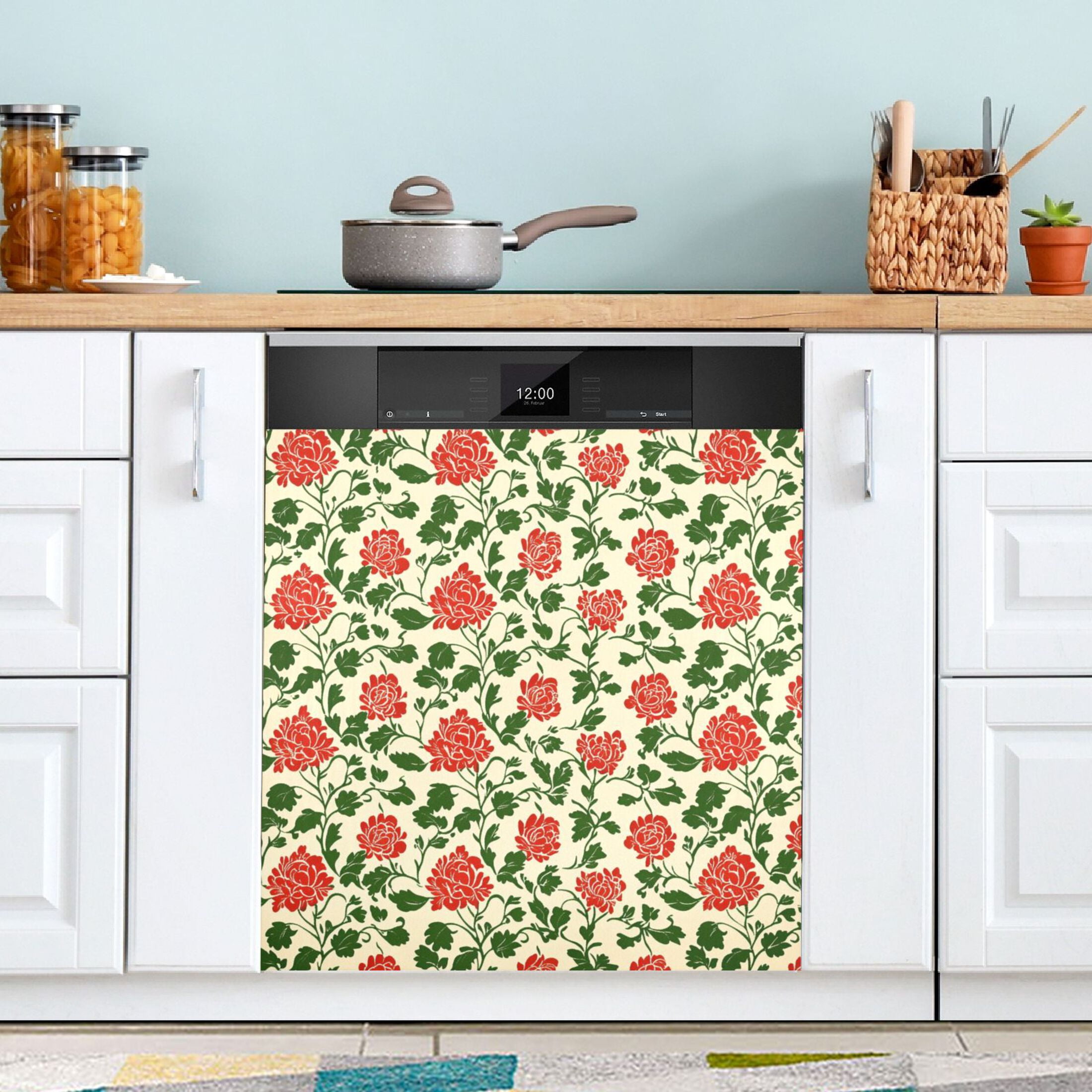 qxltty Vintage Red Floral Pattern Magnetic Dishwasher Sticker ...