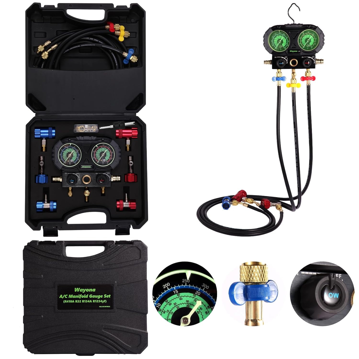 r1234yf glow dial ac gauge set ideal for garage or night use, 3 way ...