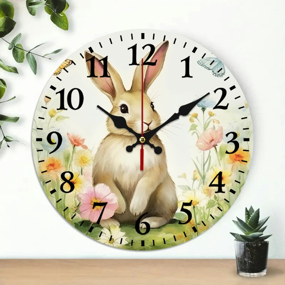 rabbit flowers butterflies Round Wooden Wall Clock Wall art Decor ...