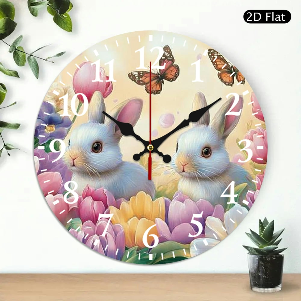 rabbits, flowers, butterfly Wooden Wall Clock Wall Decor for Linving ...