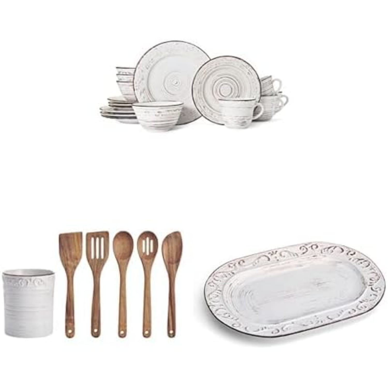 raff Trellis White 16-Piece Dinnerware Set, Service for 4, Distressed ...