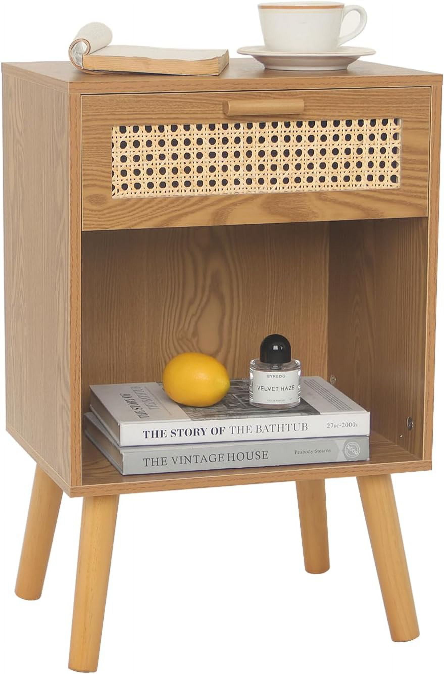 rattan side table, small bedside table, natural wood bedside table with ...