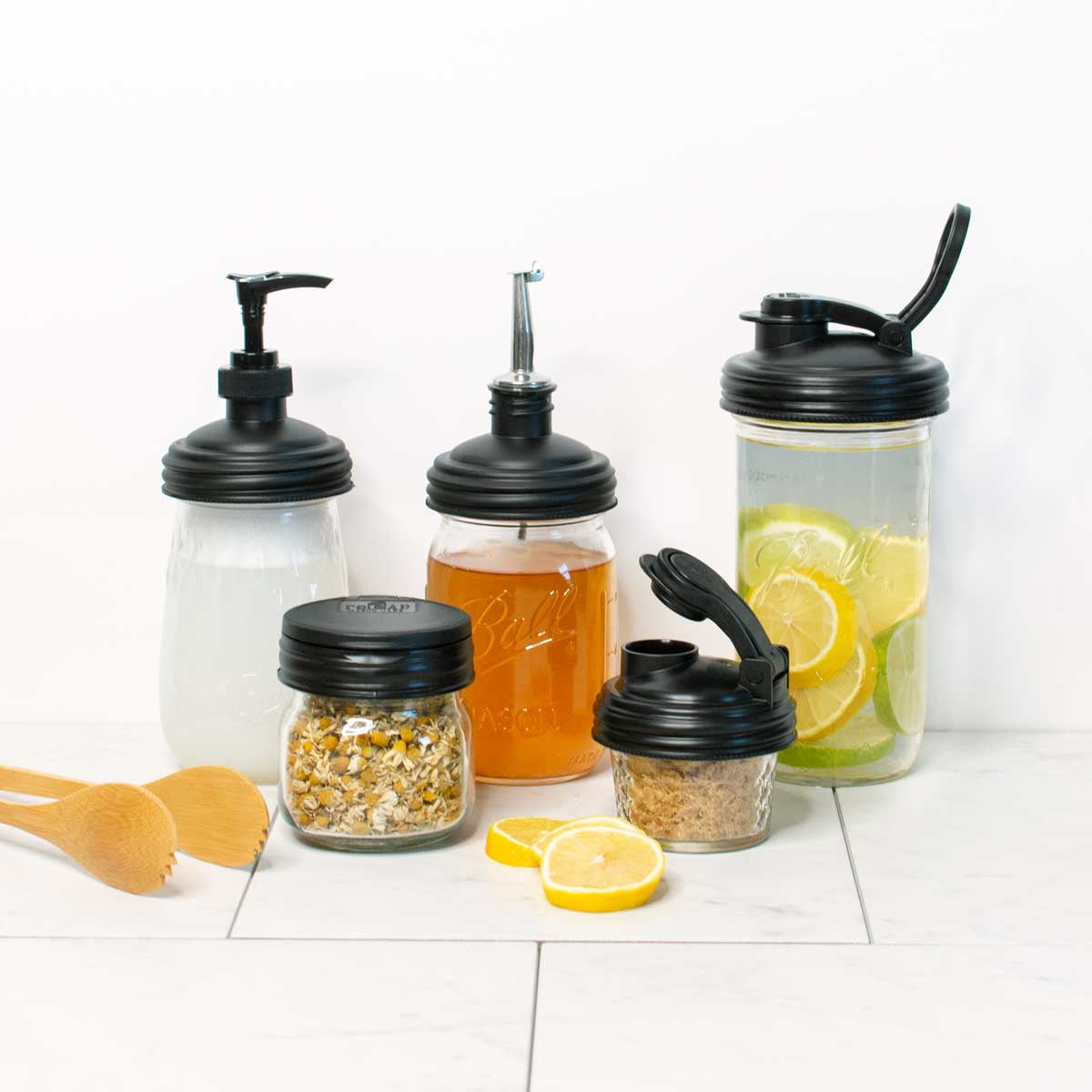 reCAP® Mason Jars Lids Starter Set, Regular & Wide, Black, 5 Piece ...