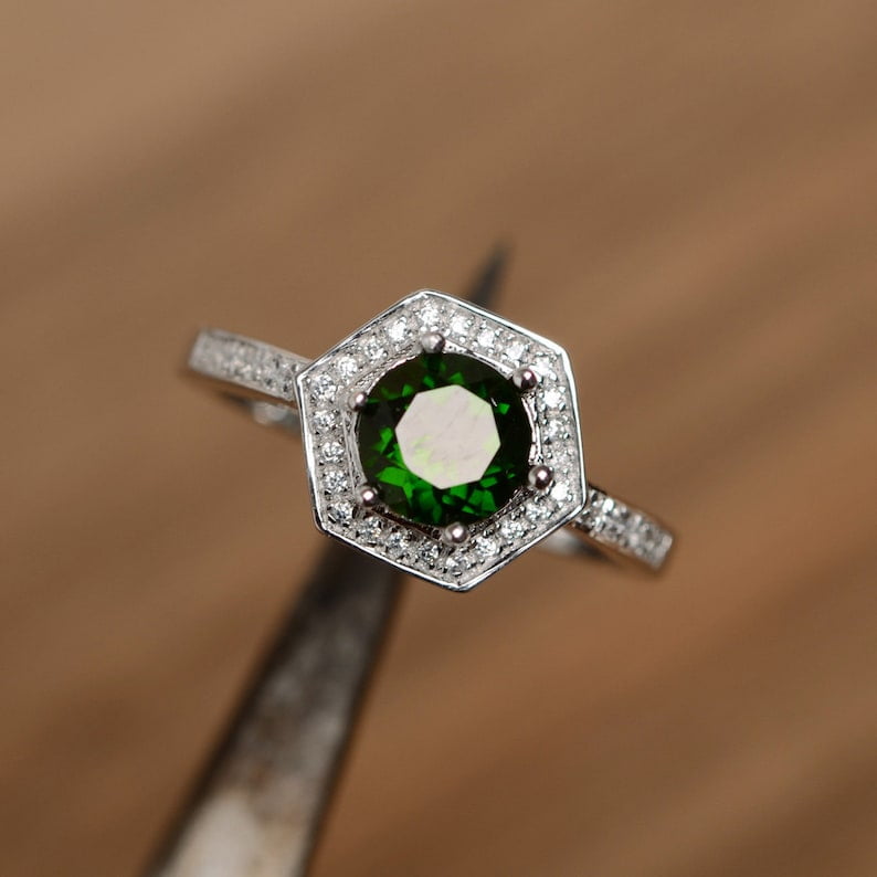 real diopside halo wedding ring sterling silver round shaped dark green stone hexagonal ring ...