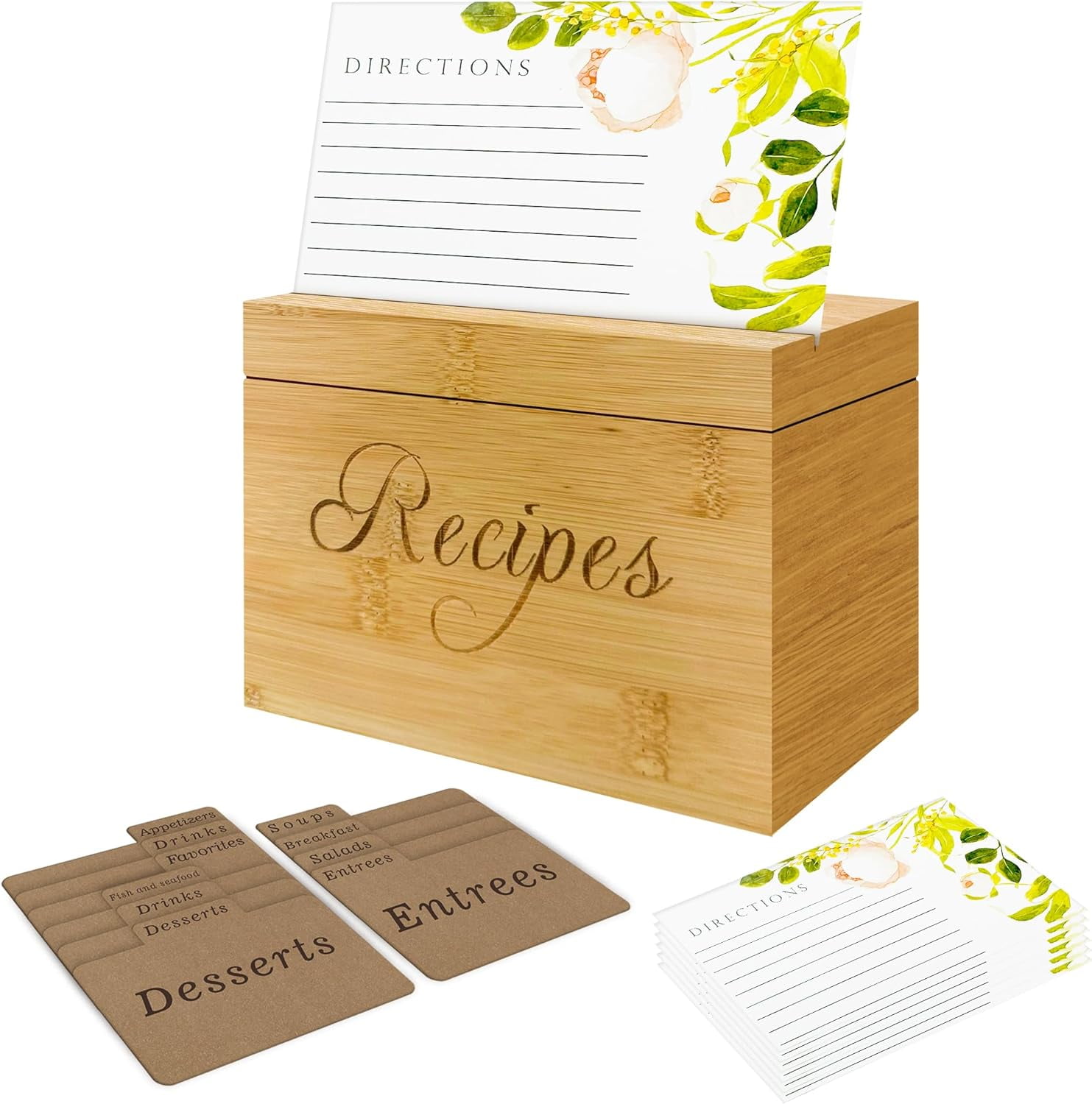 recipe box, wooden recipe organizer with 100 labeled index cards ...