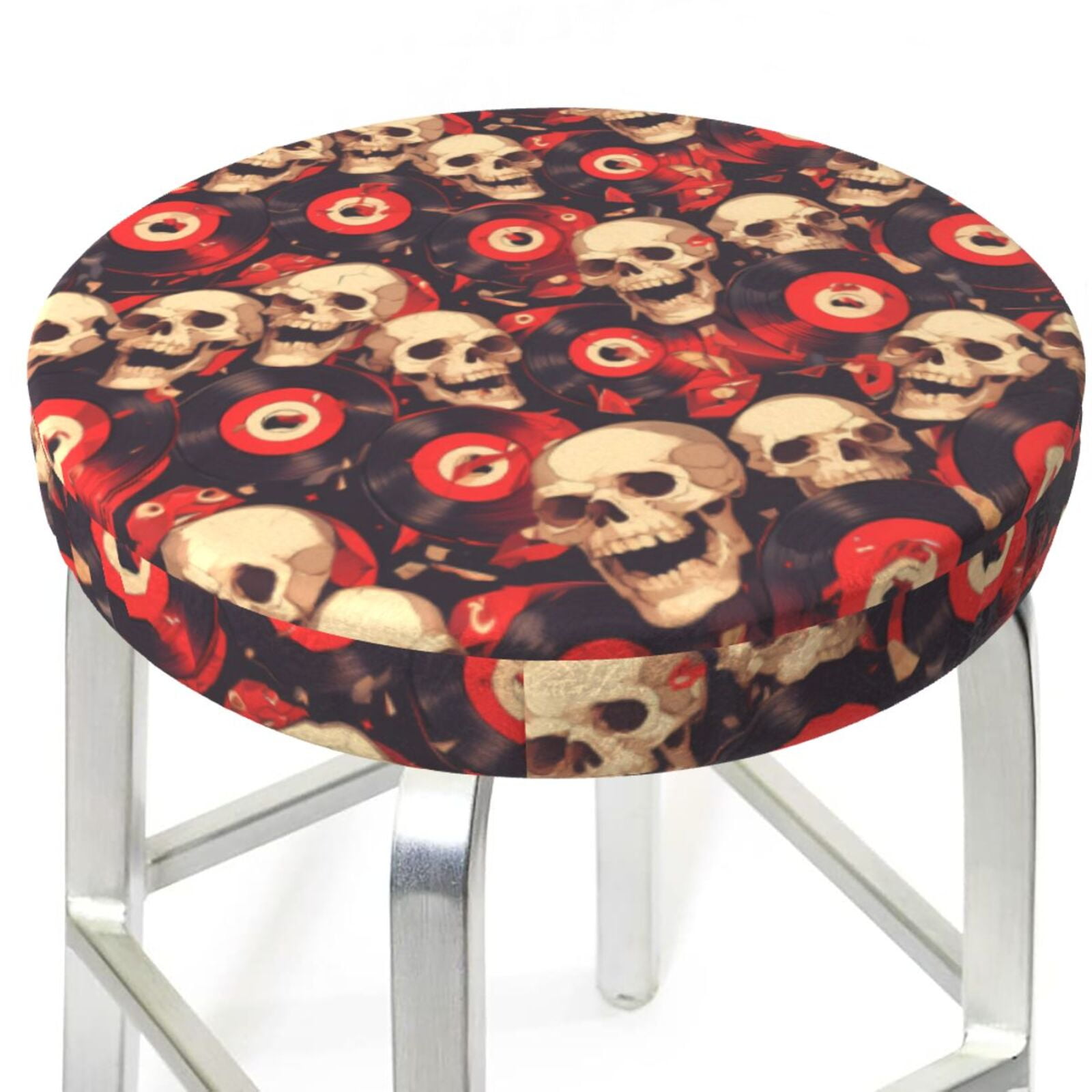 record Skull rock Round Bar Stool Seat Covers, Elastic Round Chair ...