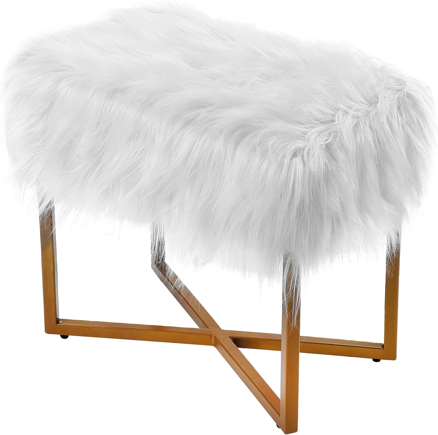 **rectangular white faux fur foot stool ottoman with gold legs - vanity ...