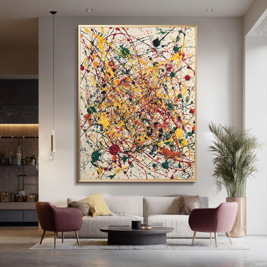 red colorful abstract yellow Jackson Pollock style s on room wall decor ...