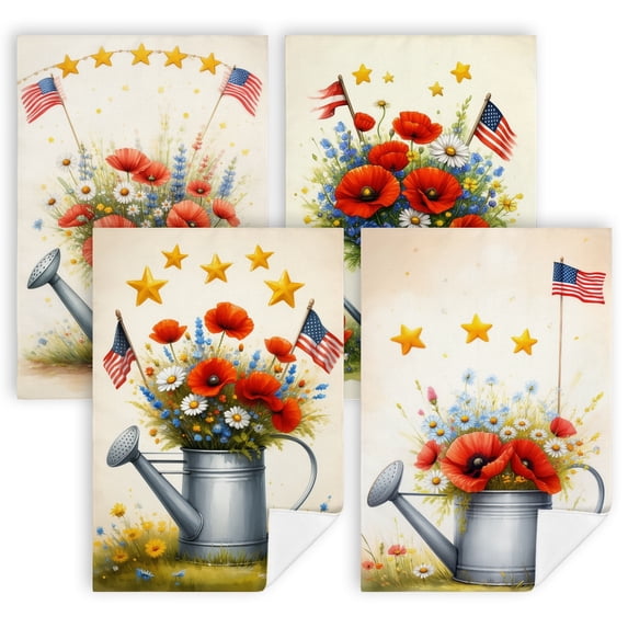 red white and blue hand towels A watering can filled with red poppies ...