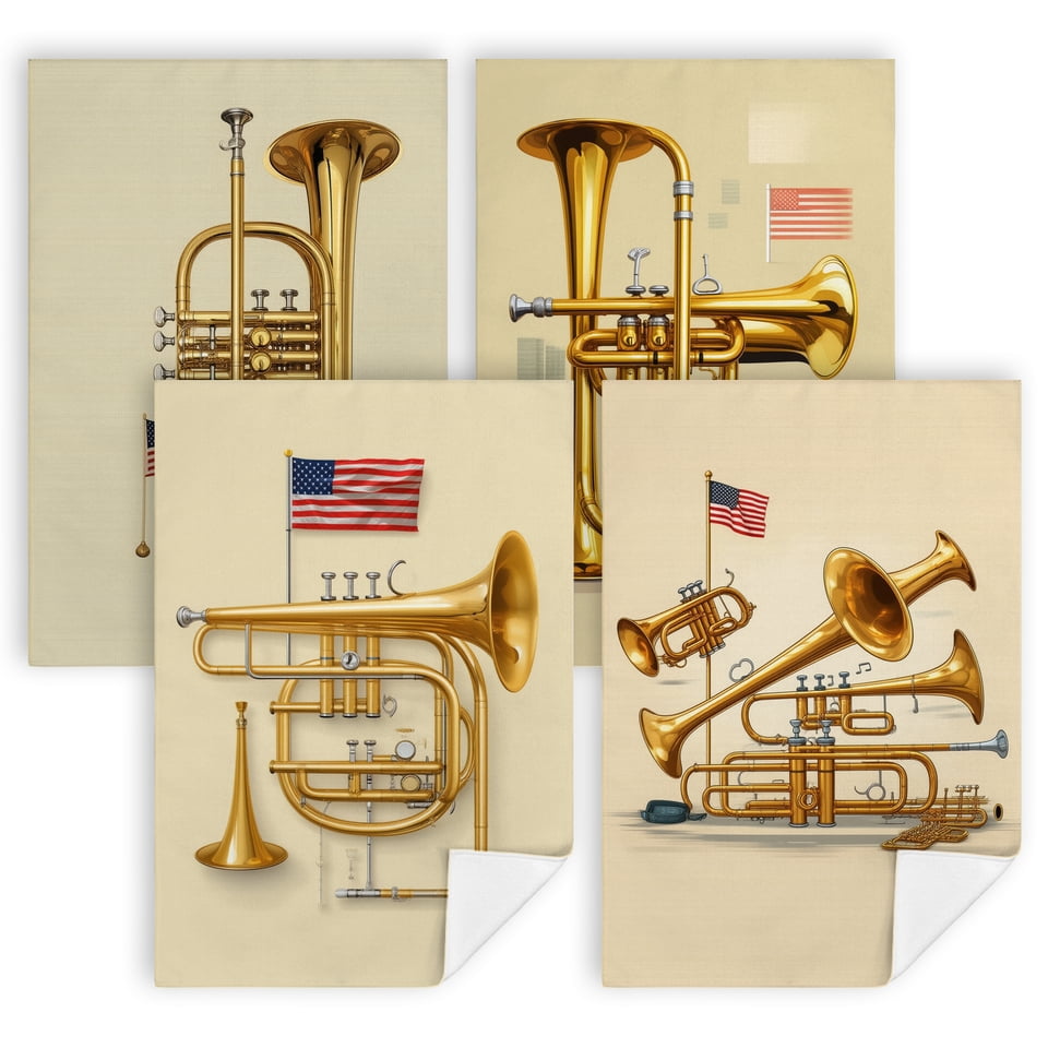 red white and blue kitchen towels A brass trumpet with an American flag ...
