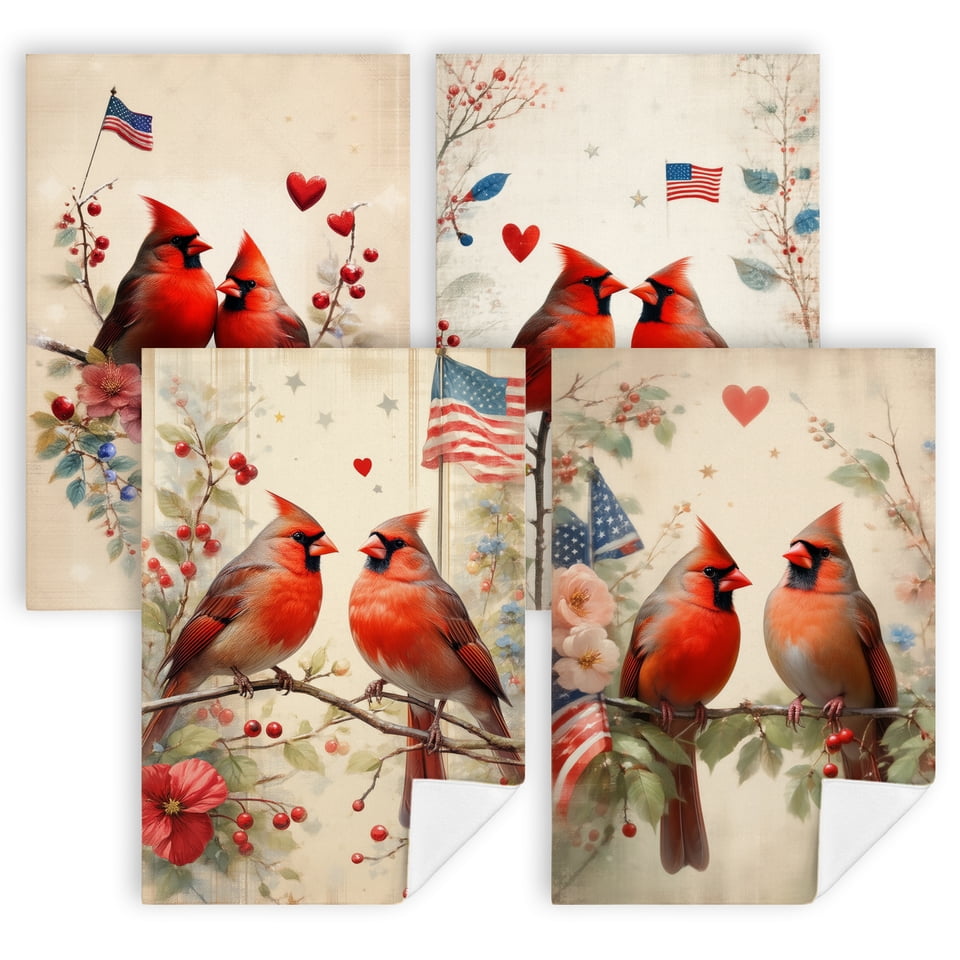 red white and blue kitchen towels A couple of red birds sitting on top ...