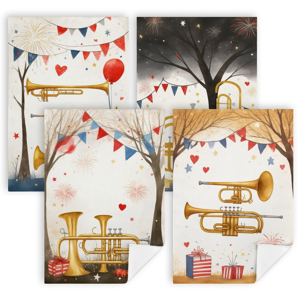 red white and blue kitchen towels A painting of three trumpets and a ...