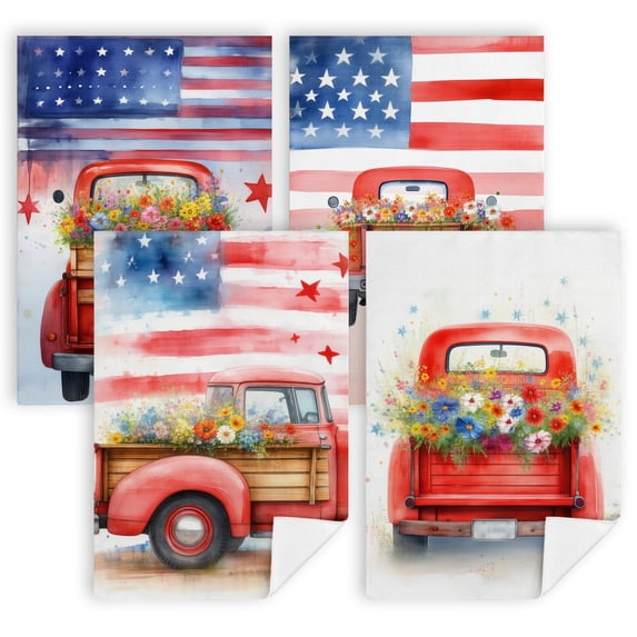 red white and blue kitchen towels A red truck with flowers in the back ...