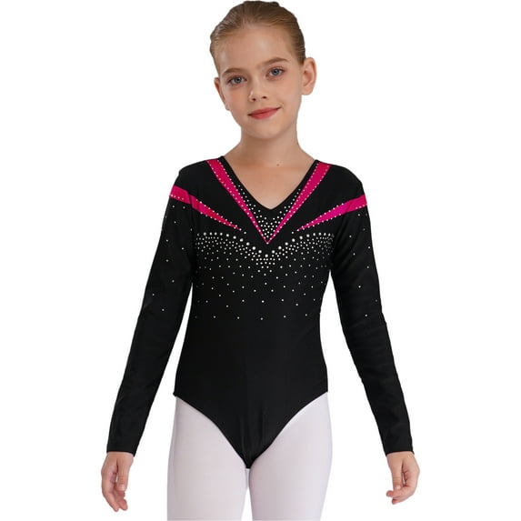 renvena Big Girls V Neck Ballet Gymnastics Leotards Sparkle Diamond Athletic Dance Bodysuits ...