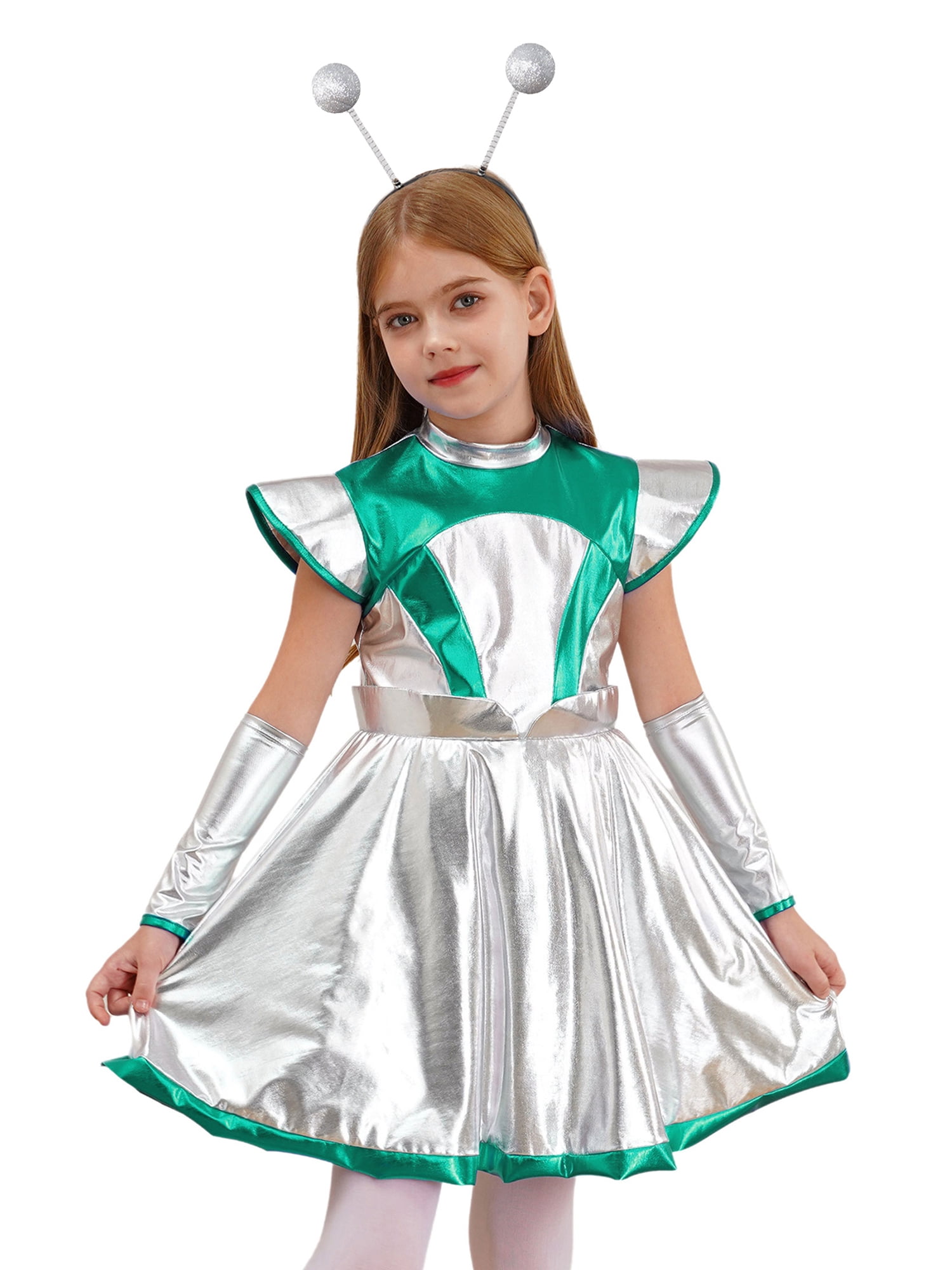 renvena Girls Alien Costume Halloween Space Man Dress Up Metallic Dress ...