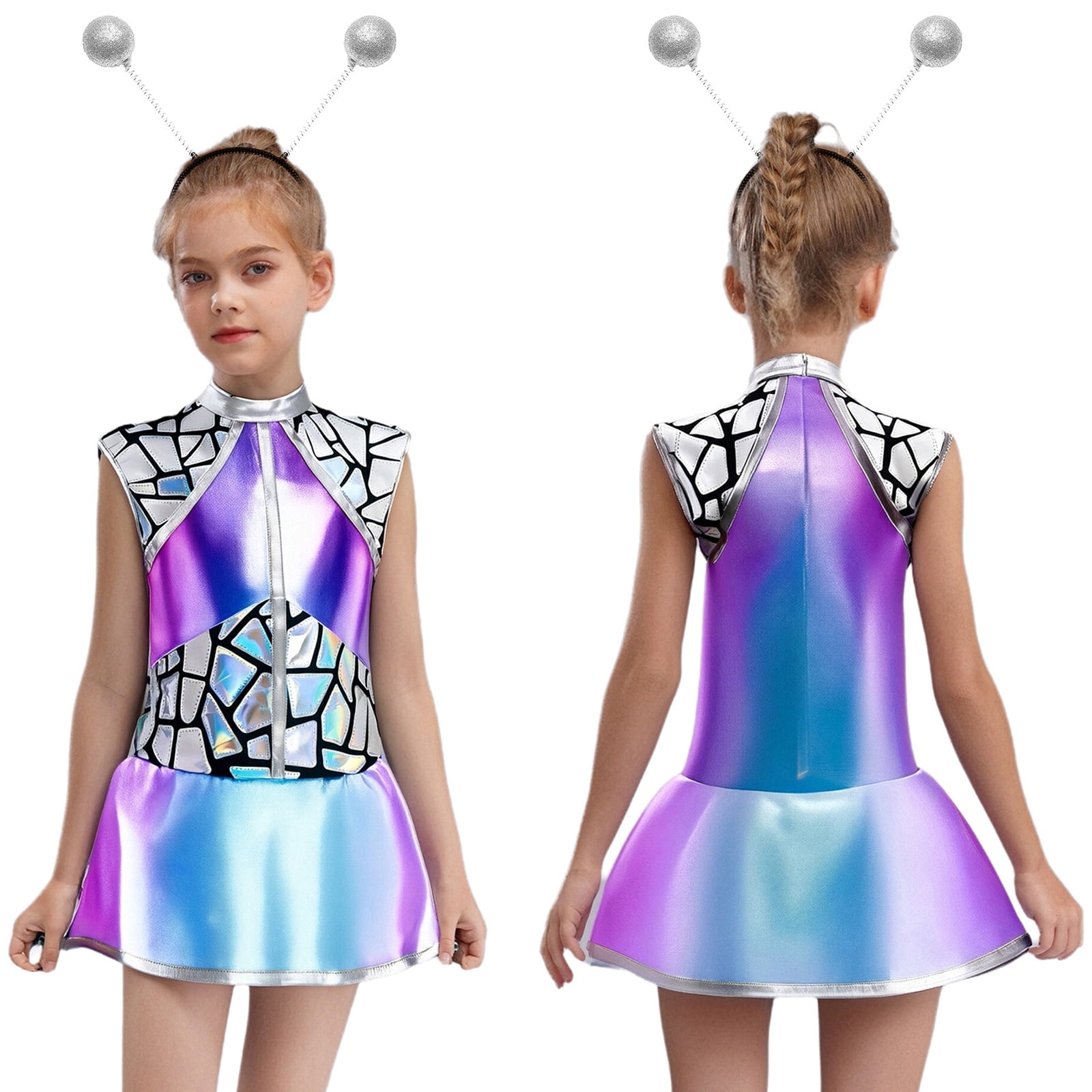renvena Girls Alien Outfit Sequins Metallic Dance Dress with Antennas ...