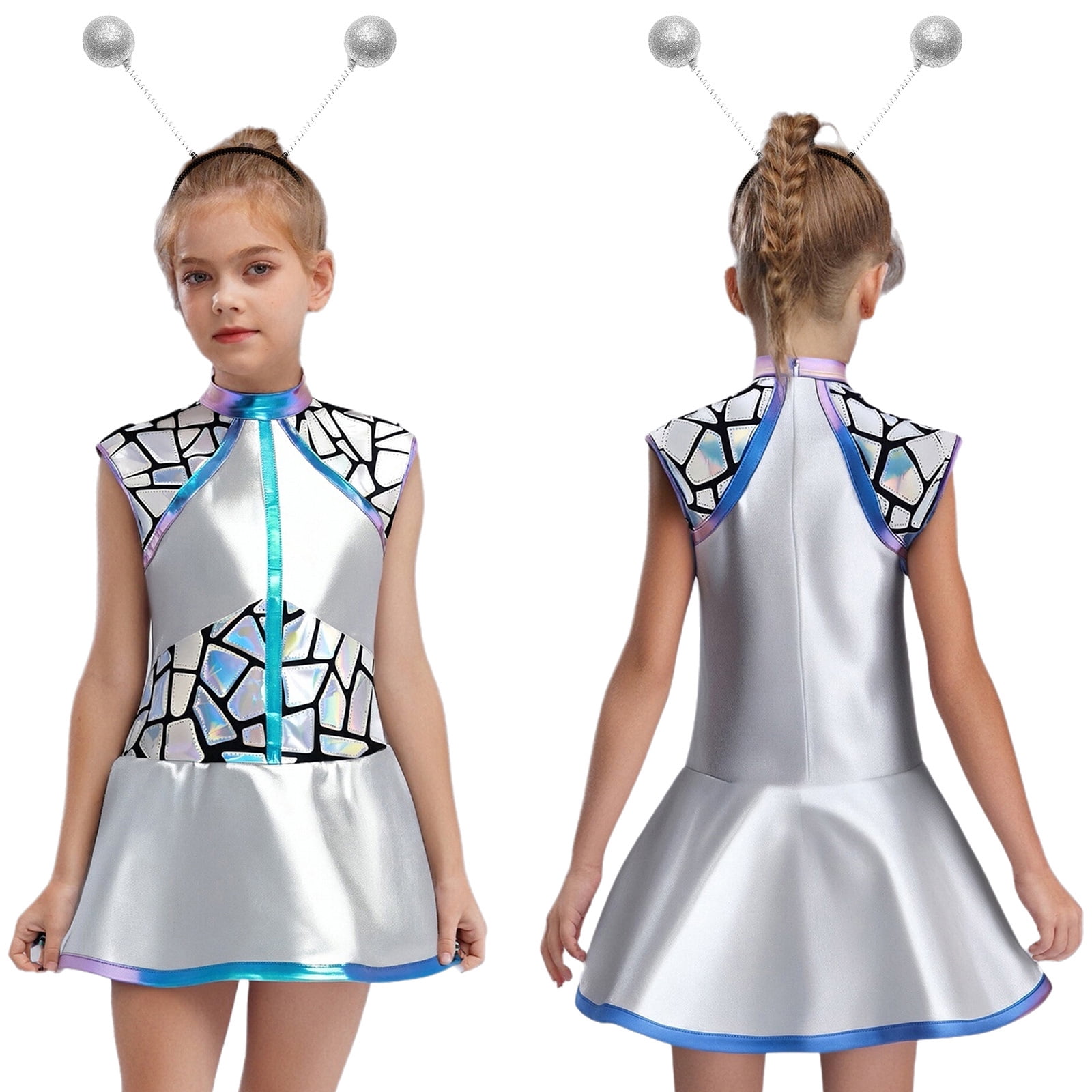 renvena Girls Alien Outfit Sequins Metallic Dance Dress with Antennas ...