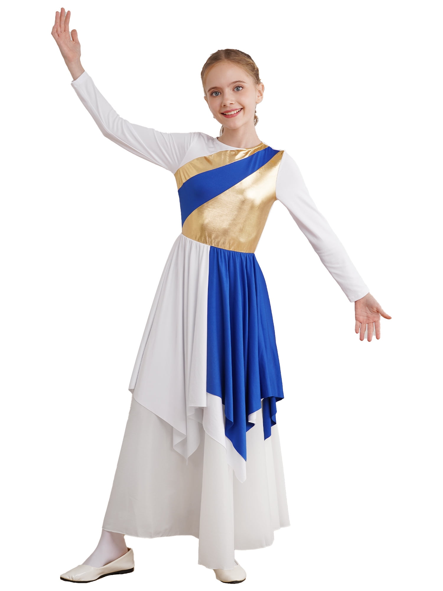 renvena Girls Metallic Liturgical Praise Dance Color Block Long Sleeve ...