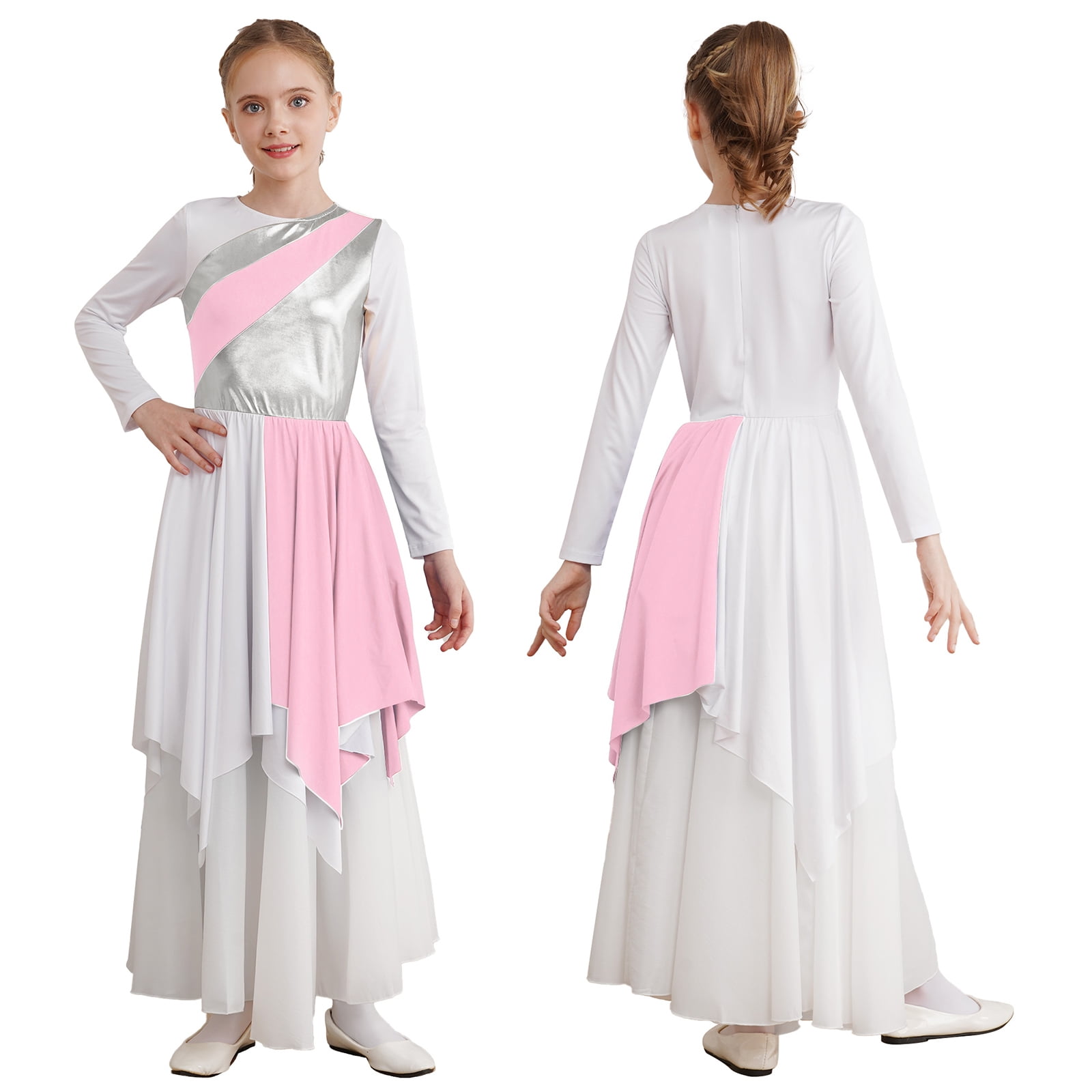 renvena Girls Metallic Liturgical Praise Dance Color Block Long Sleeve ...