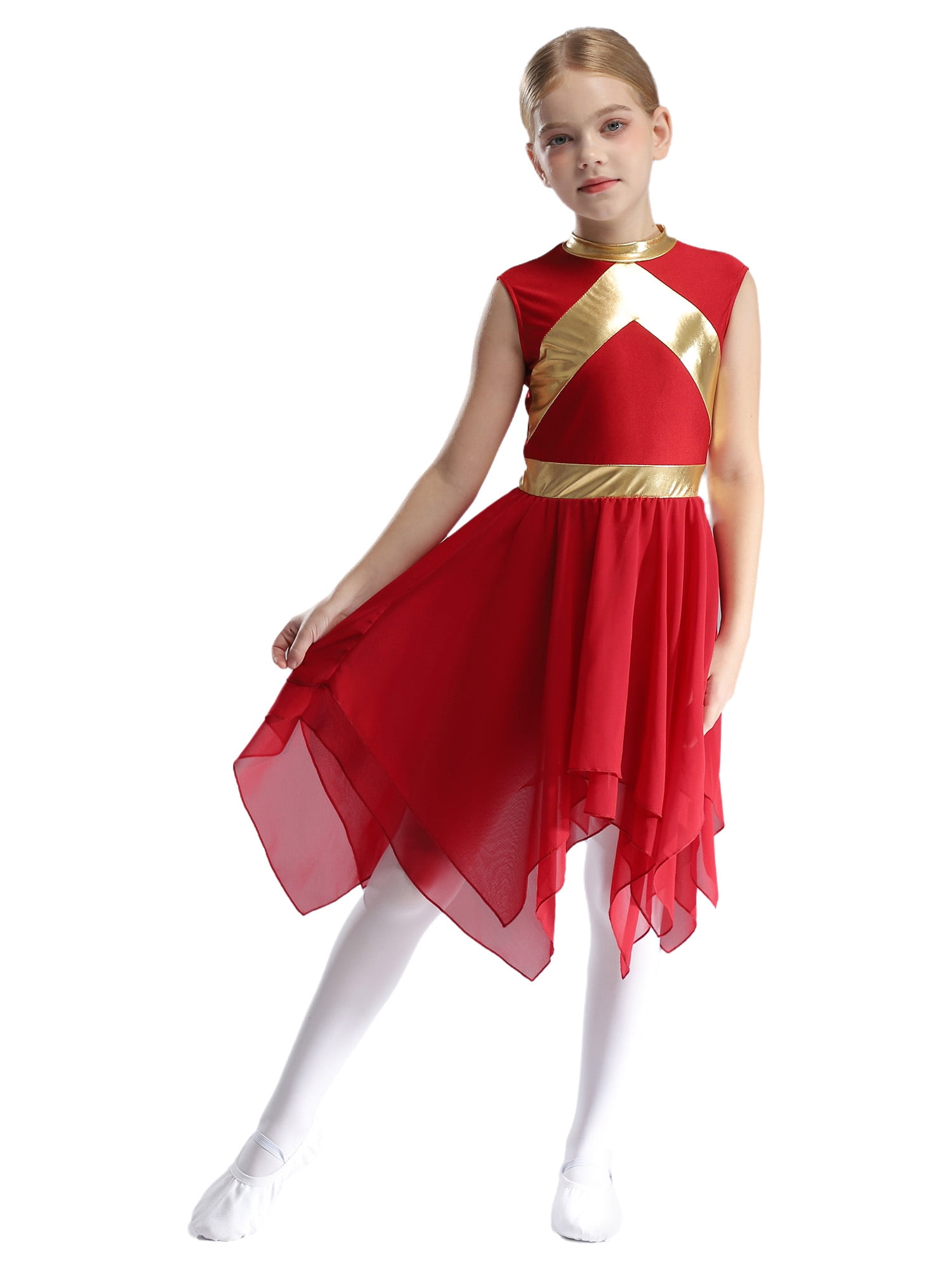 renvena Girls Praise Church Dance Dress Sleeveless Metallic Gold ...
