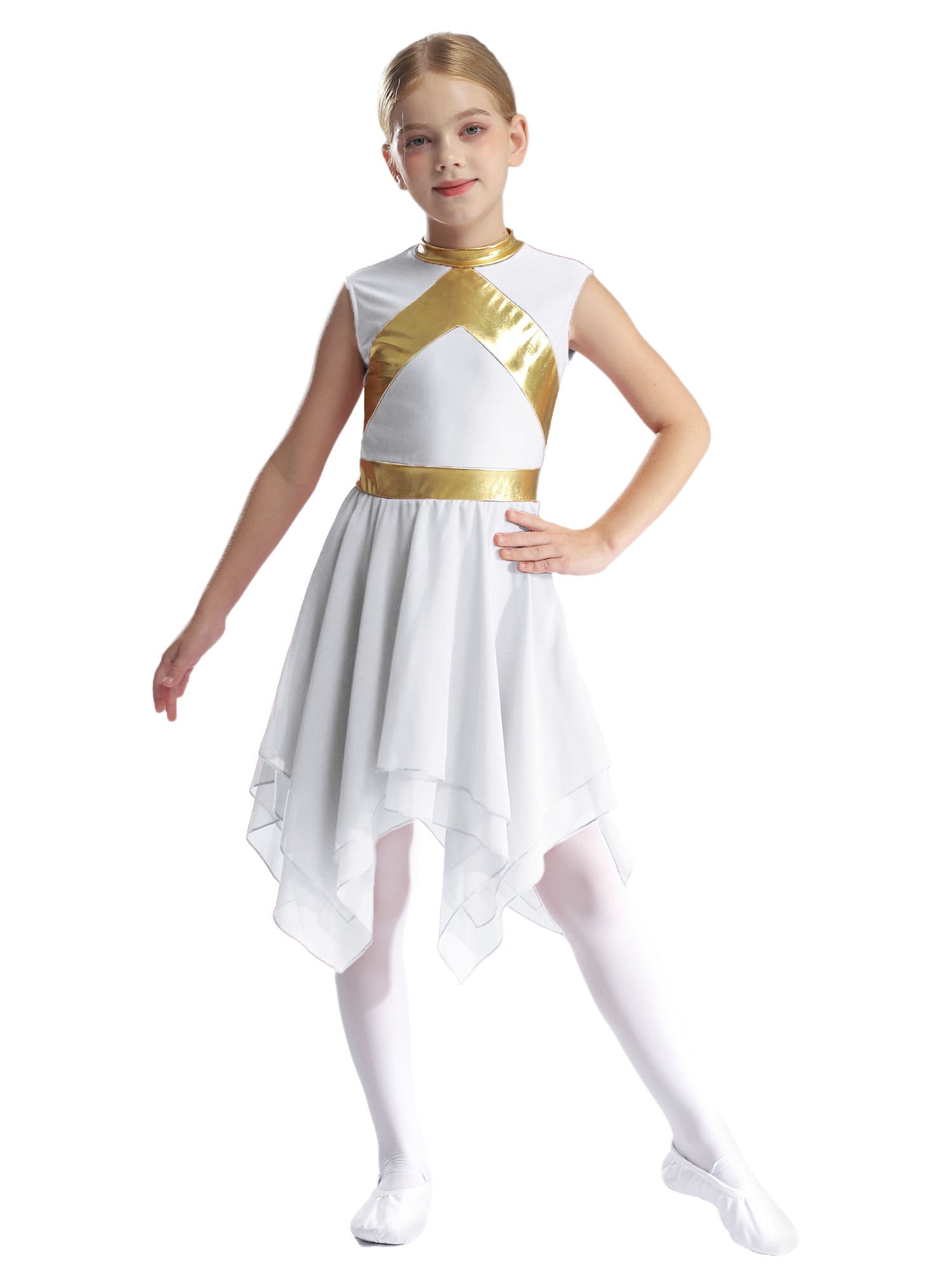 renvena Girls Praise Church Dance Dress Sleeveless Metallic Gold ...