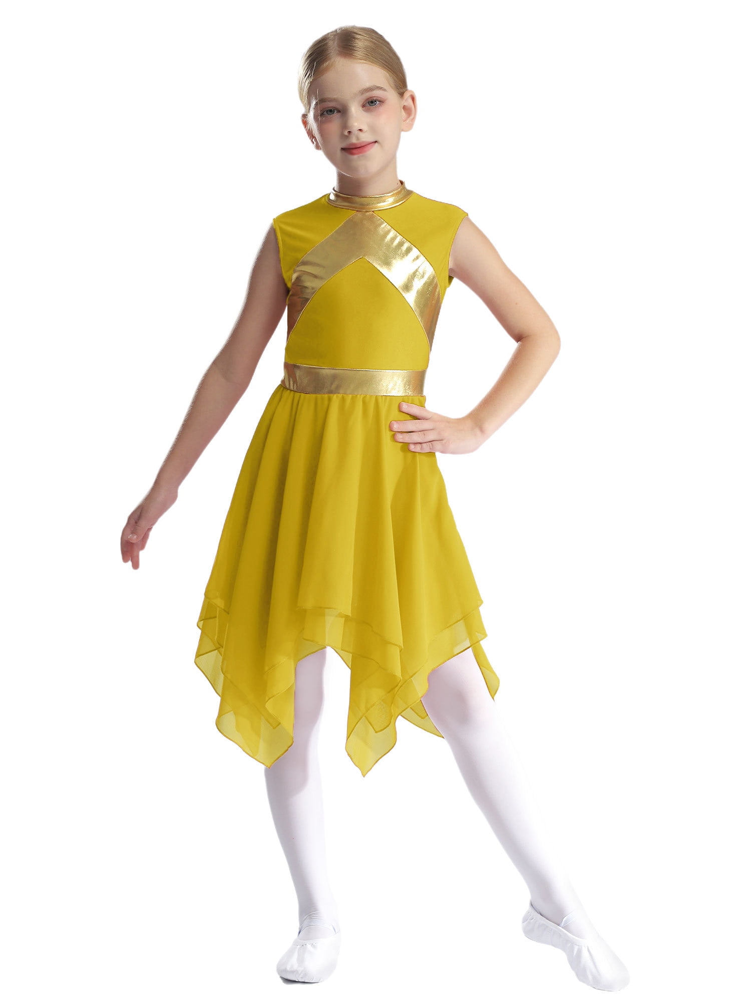renvena Girls Praise Church Dance Dress Sleeveless Metallic Gold ...