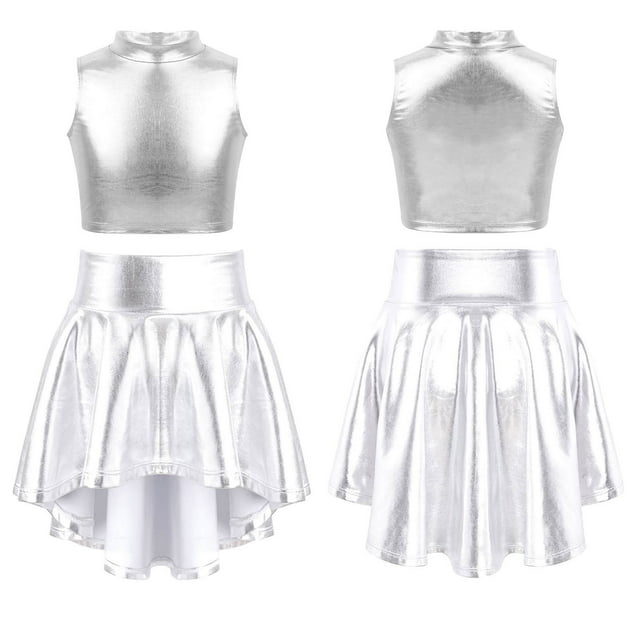 renvena Kids Girls 2 Piece Metallic Dance Outfits Sleeveless Crop Top ...