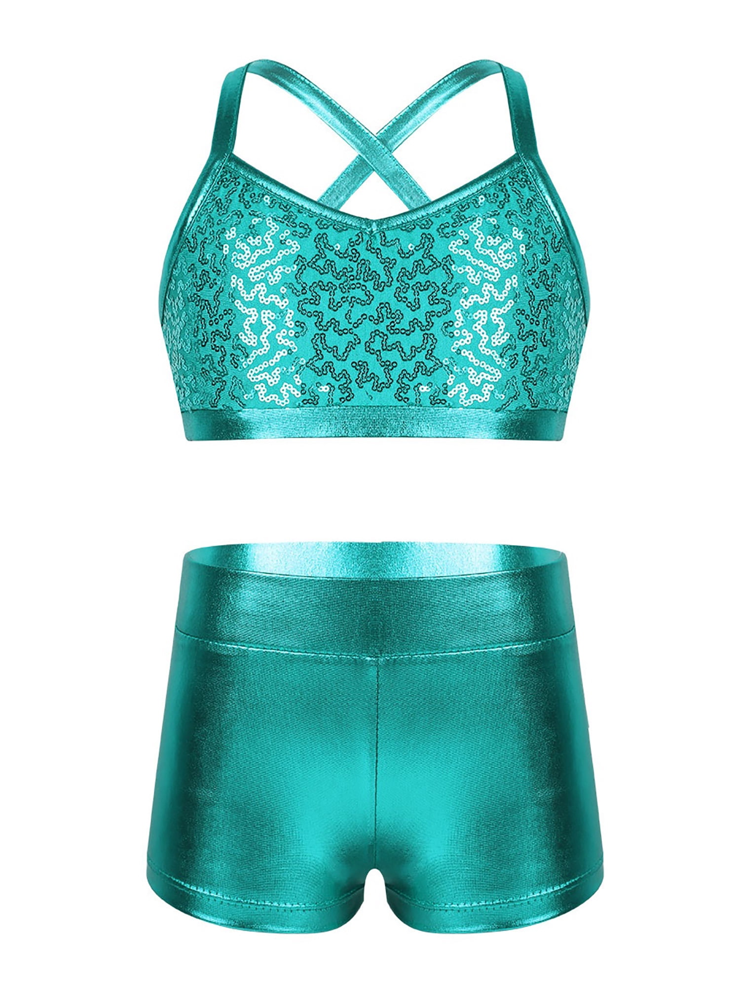 renvena Kids Girls Basic 2 Piece Active Dancewear Outfit Sequined Crop ...