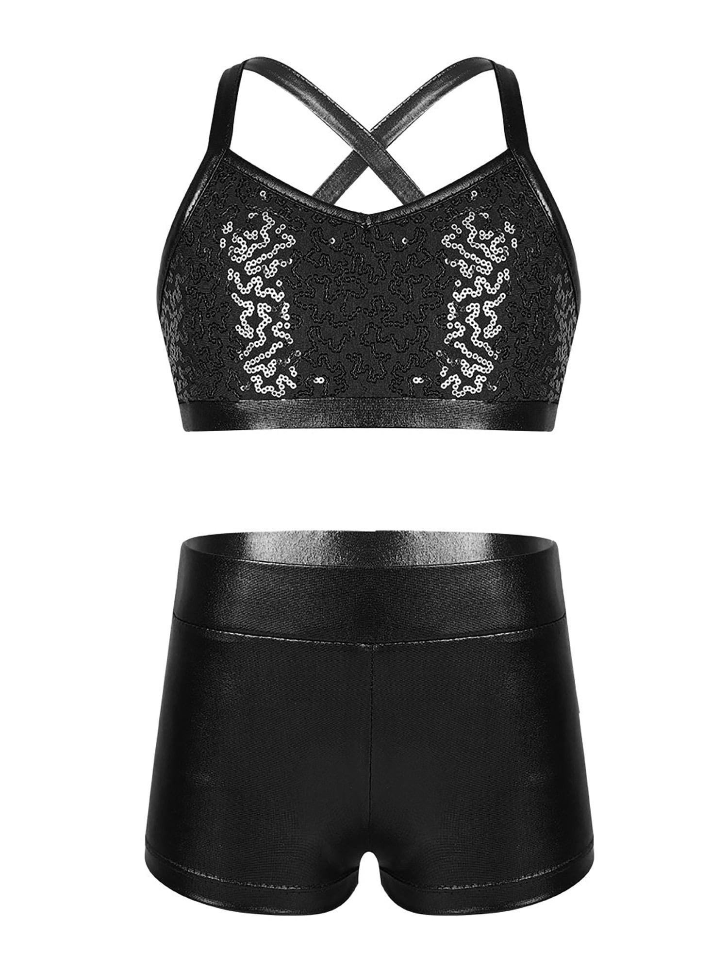 renvena Kids Girls Basic 2 Piece Active Dancewear Outfit Sequined Crop ...