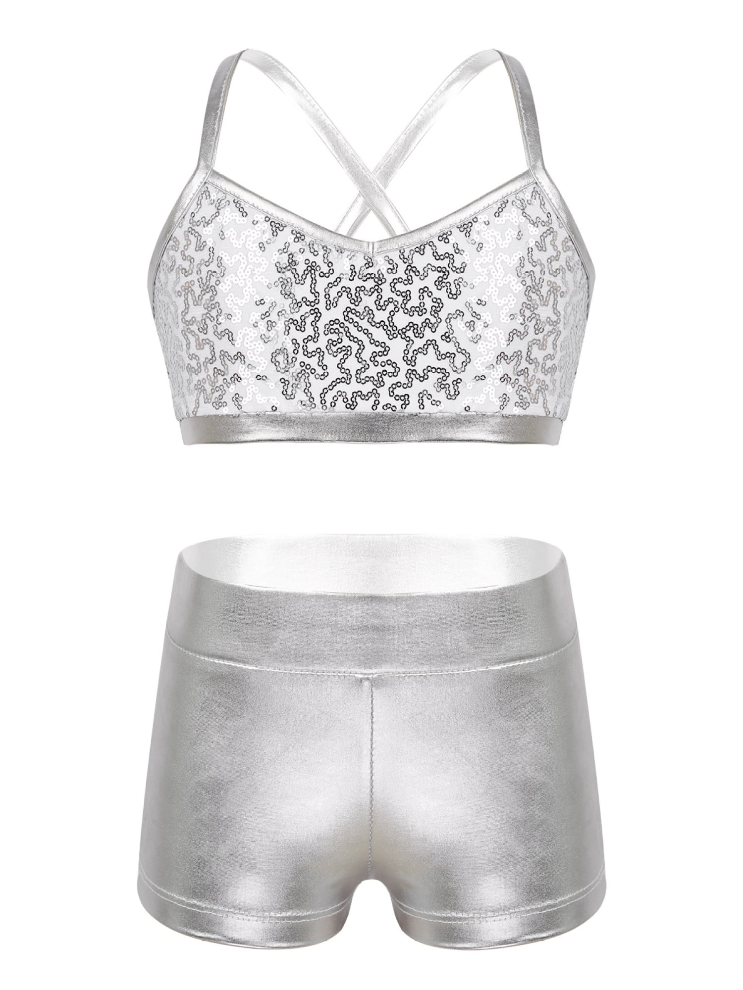 renvena Kids Girls Basic 2 Piece Active Dancewear Outfit Sequined Crop ...