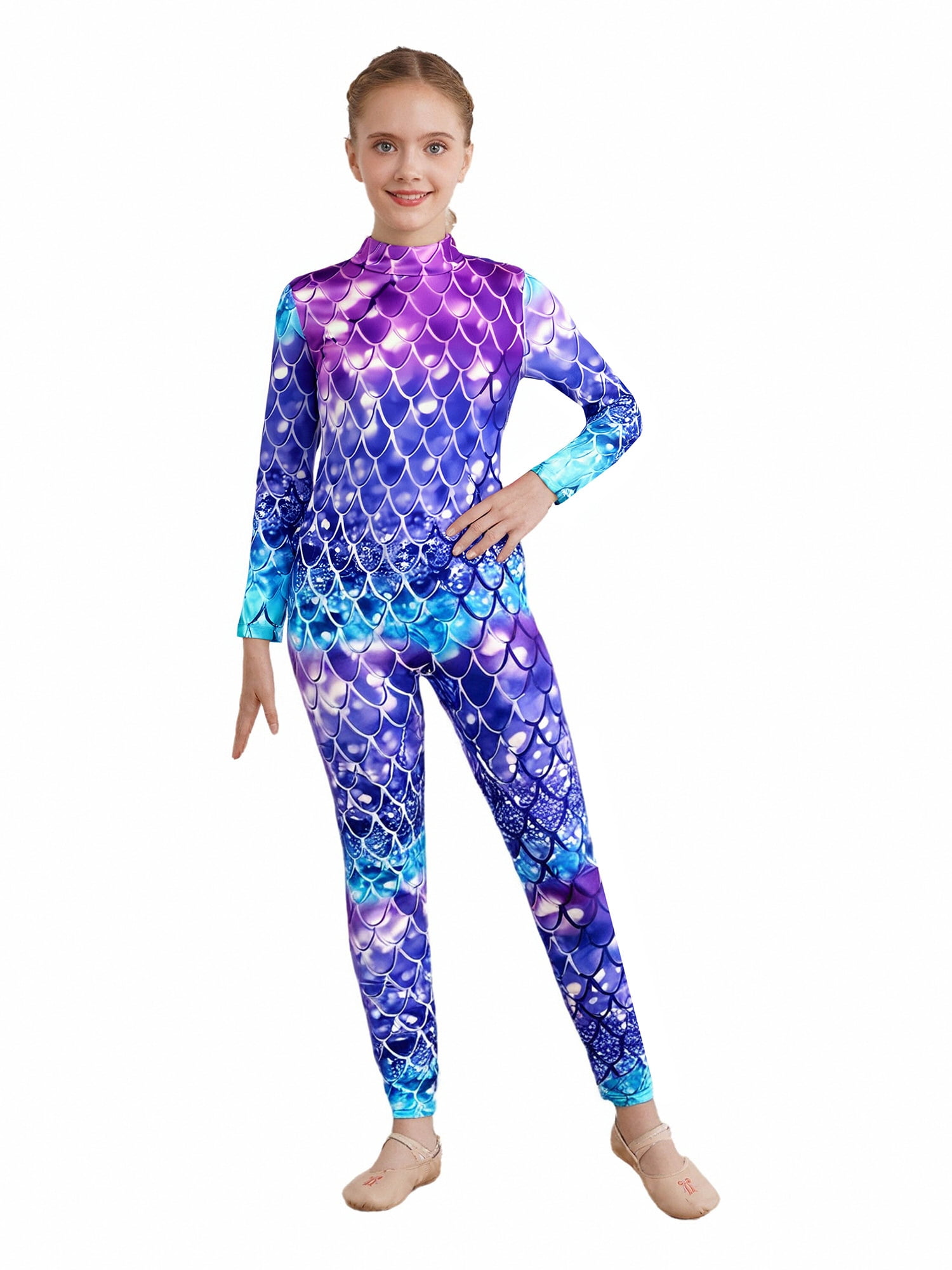 renvena Kids Girls Full Length Unitard Long Sleeve Fish Scale Bodysuit ...