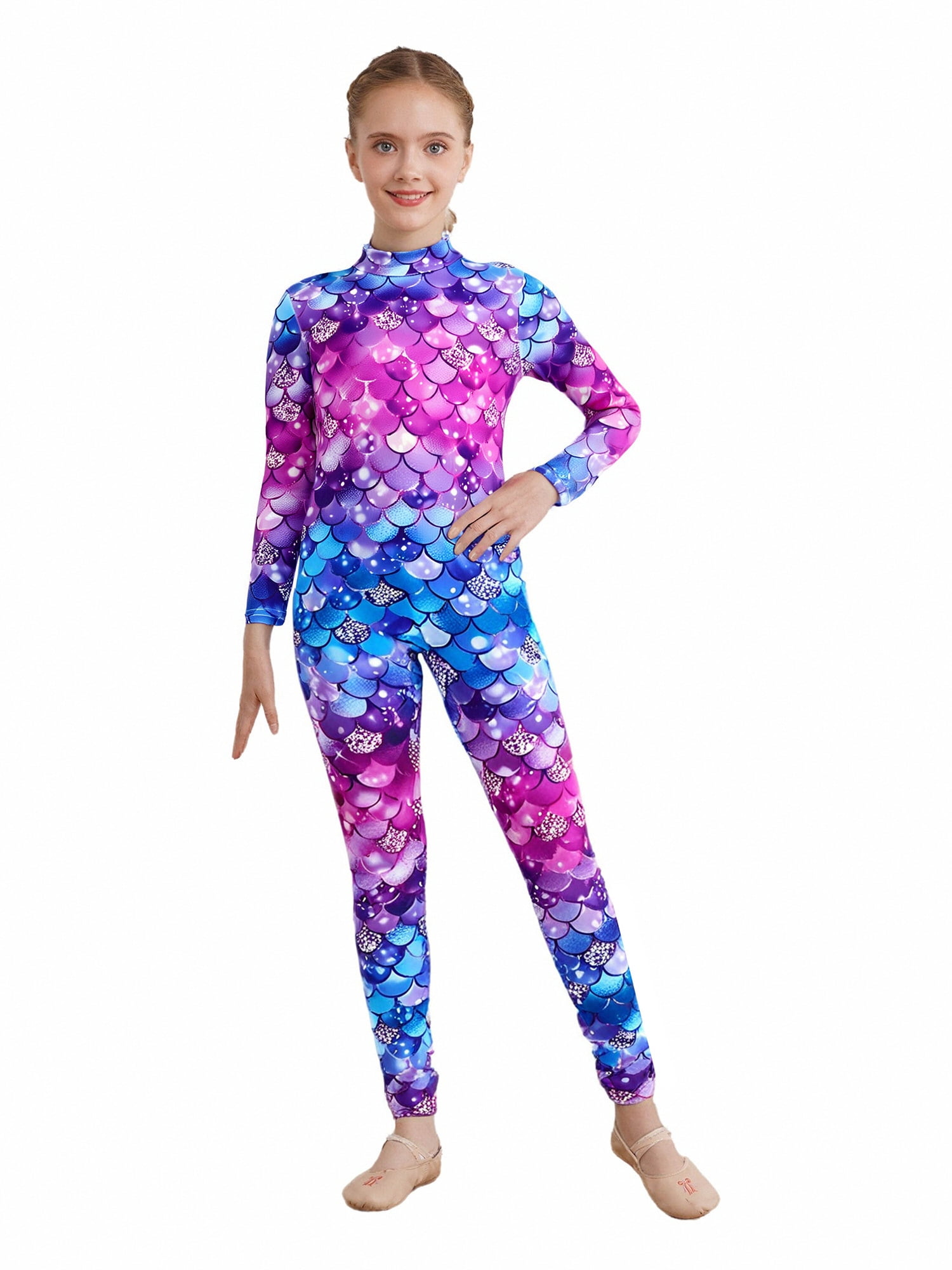 renvena Kids Girls Full Length Unitard Long Sleeve Fish Scale Bodysuit ...