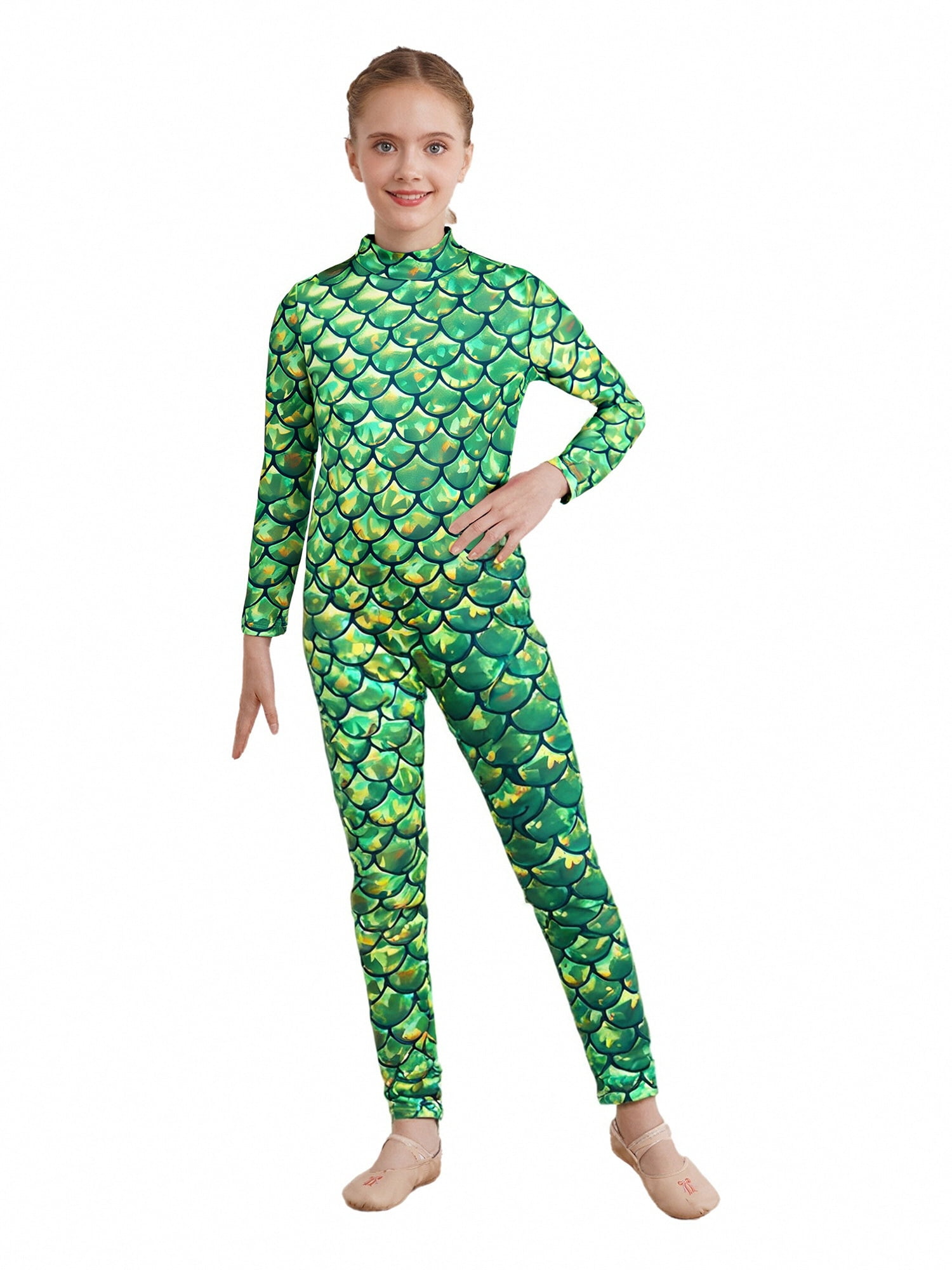 renvena Kids Girls Full Length Unitard Long Sleeve Fish Scale Bodysuit ...