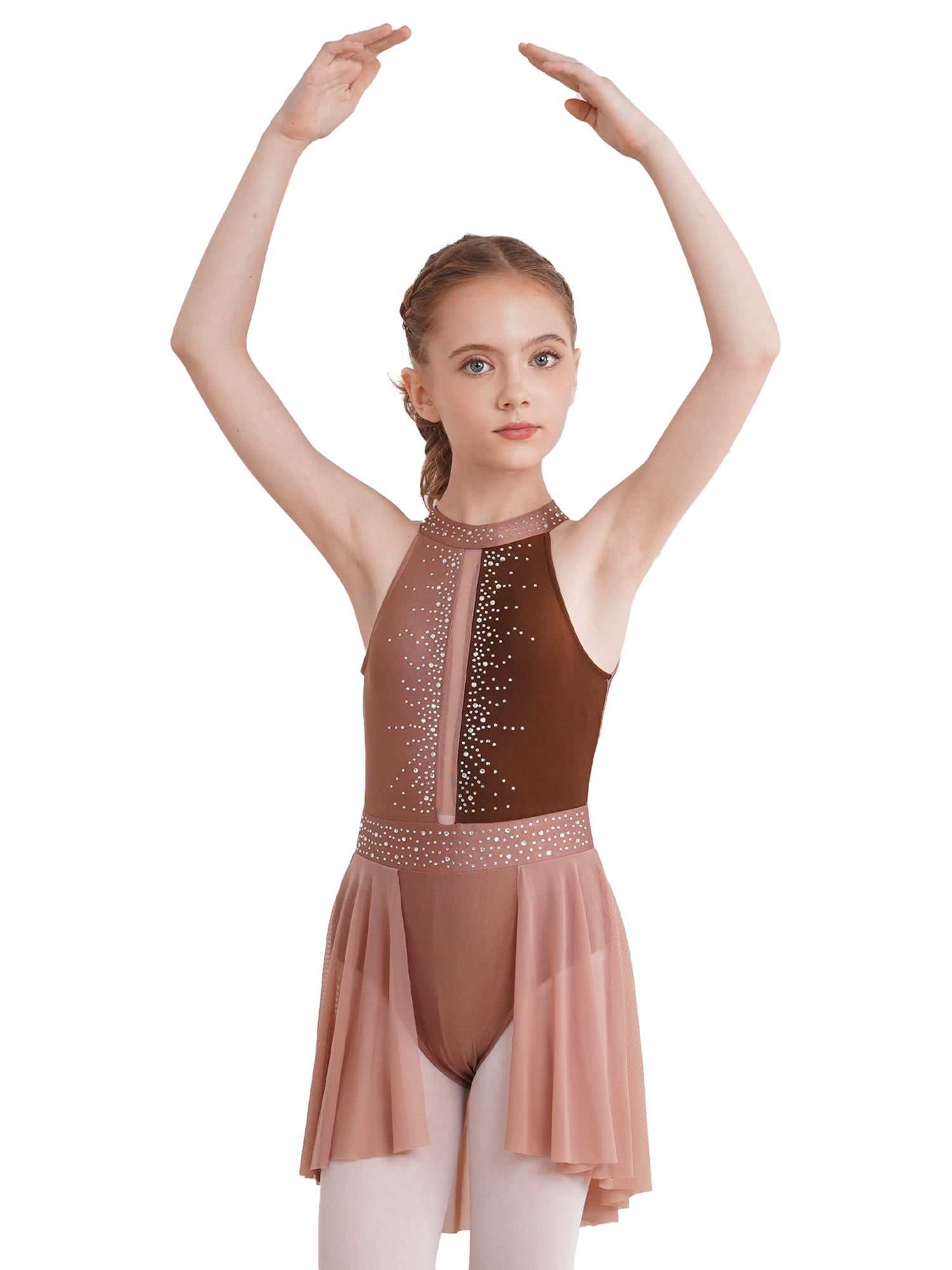 renvena Kids Girls Halter Neck Sparkly Dance Leotard Chiffon Dress ...