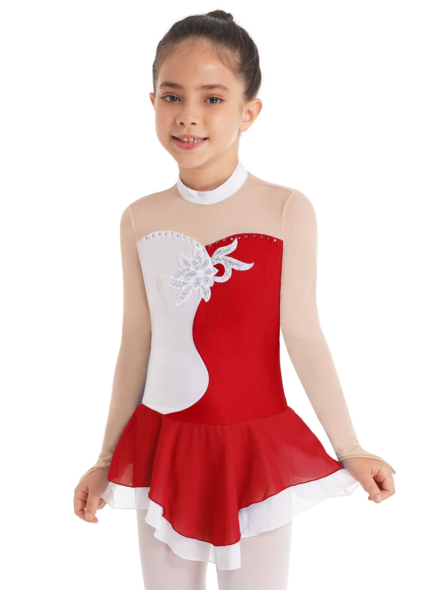 renvena Kids Girls Mesh Long Sleeve Rhinestone Leotard Dress Figure Ice ...