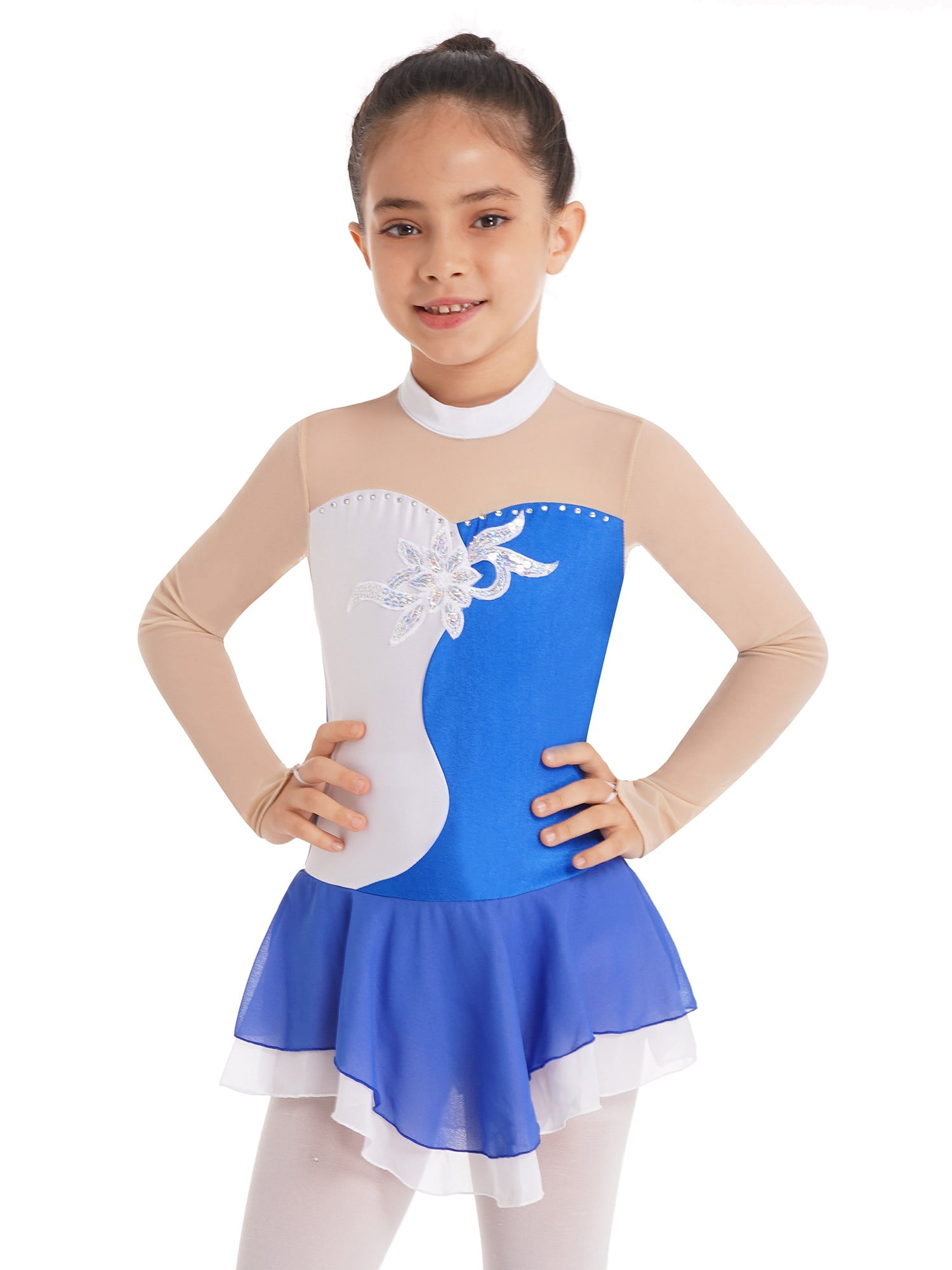 renvena Kids Girls Mesh Long Sleeve Rhinestone Leotard Dress Figure Ice ...