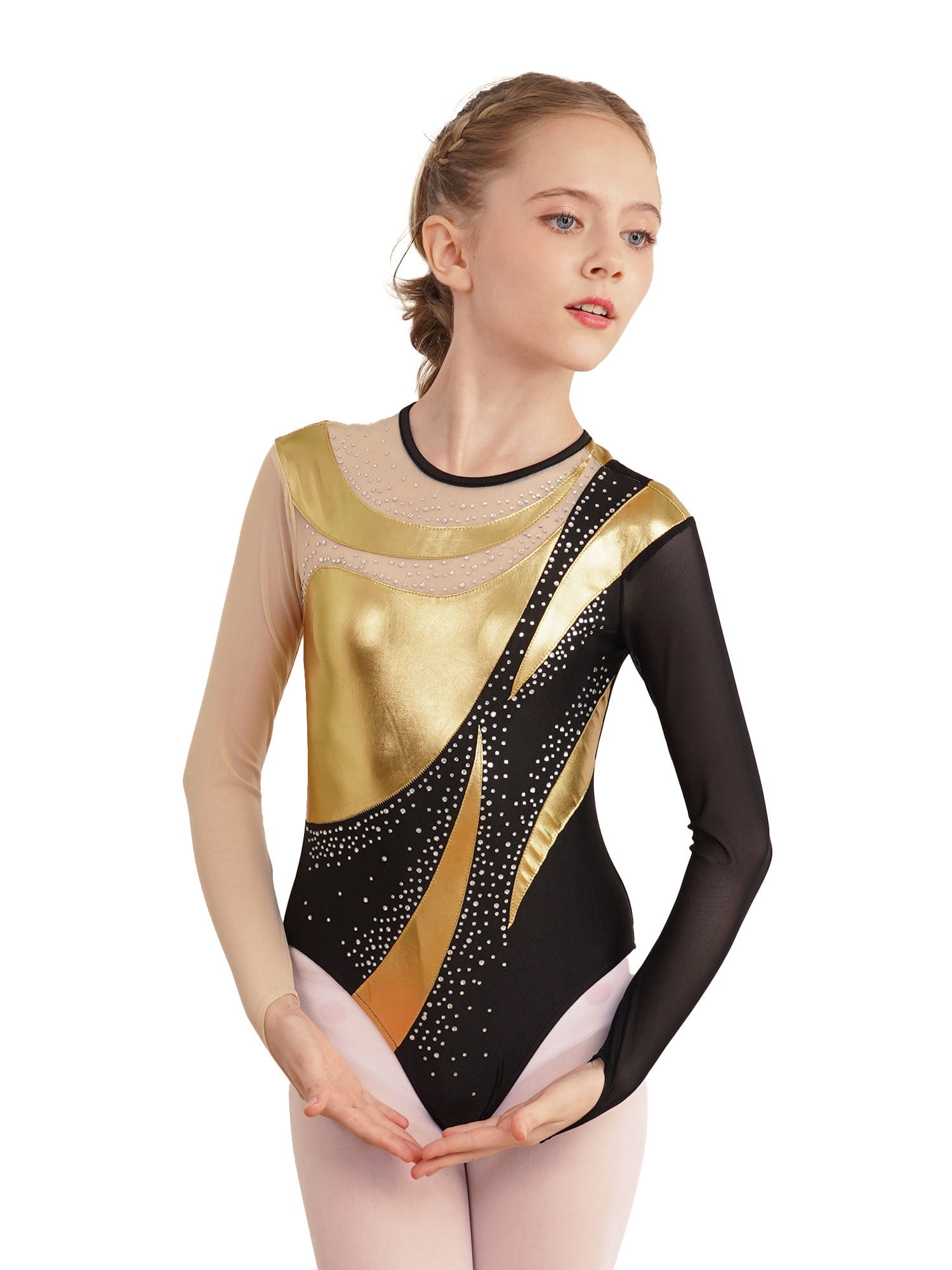renvena Kids Girls Mesh Splice Long Sleeve Dance Leotards Shiny ...