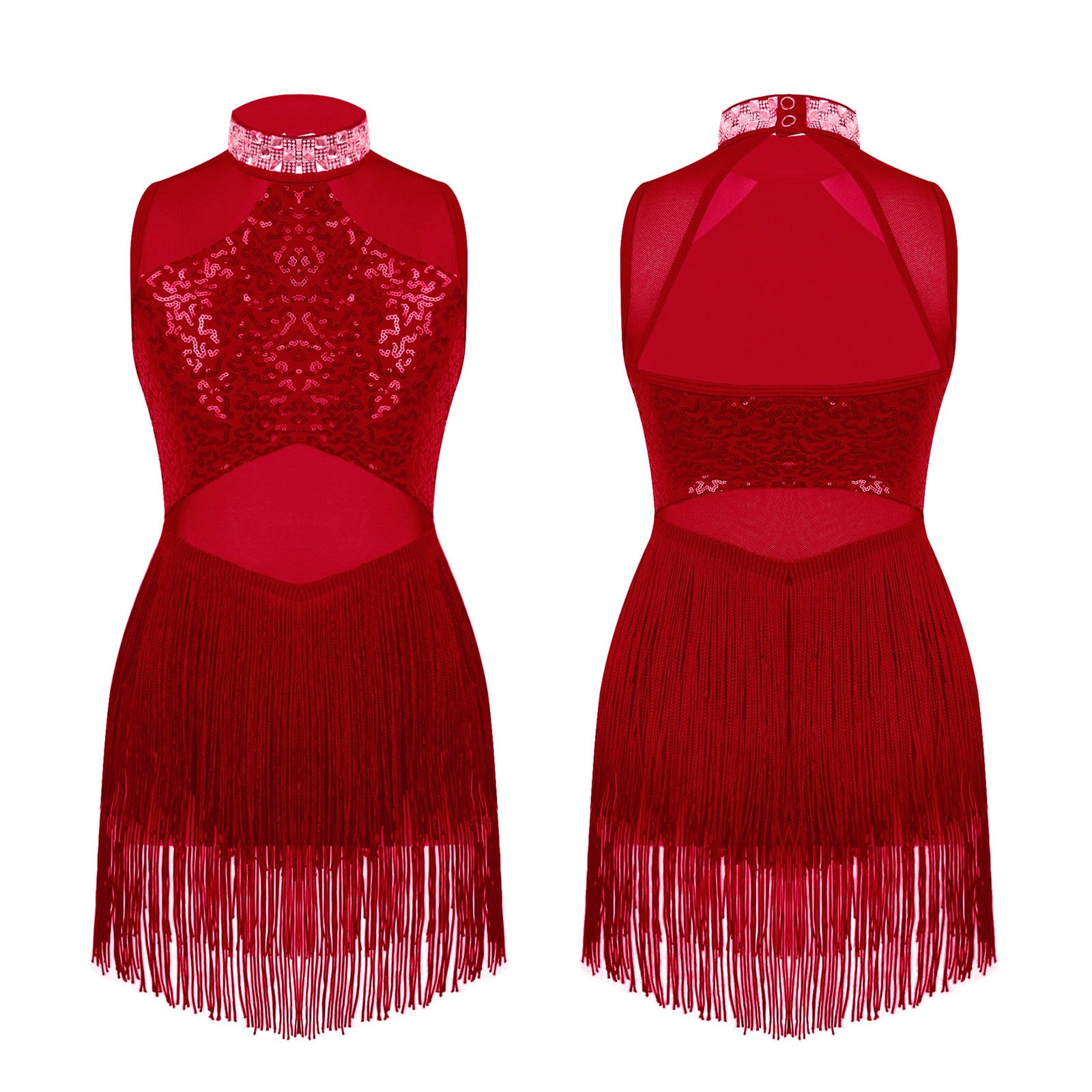 renvena Kids Girls Rhinestone Sequin Tassel Dress Ballet Tango Rumba ...