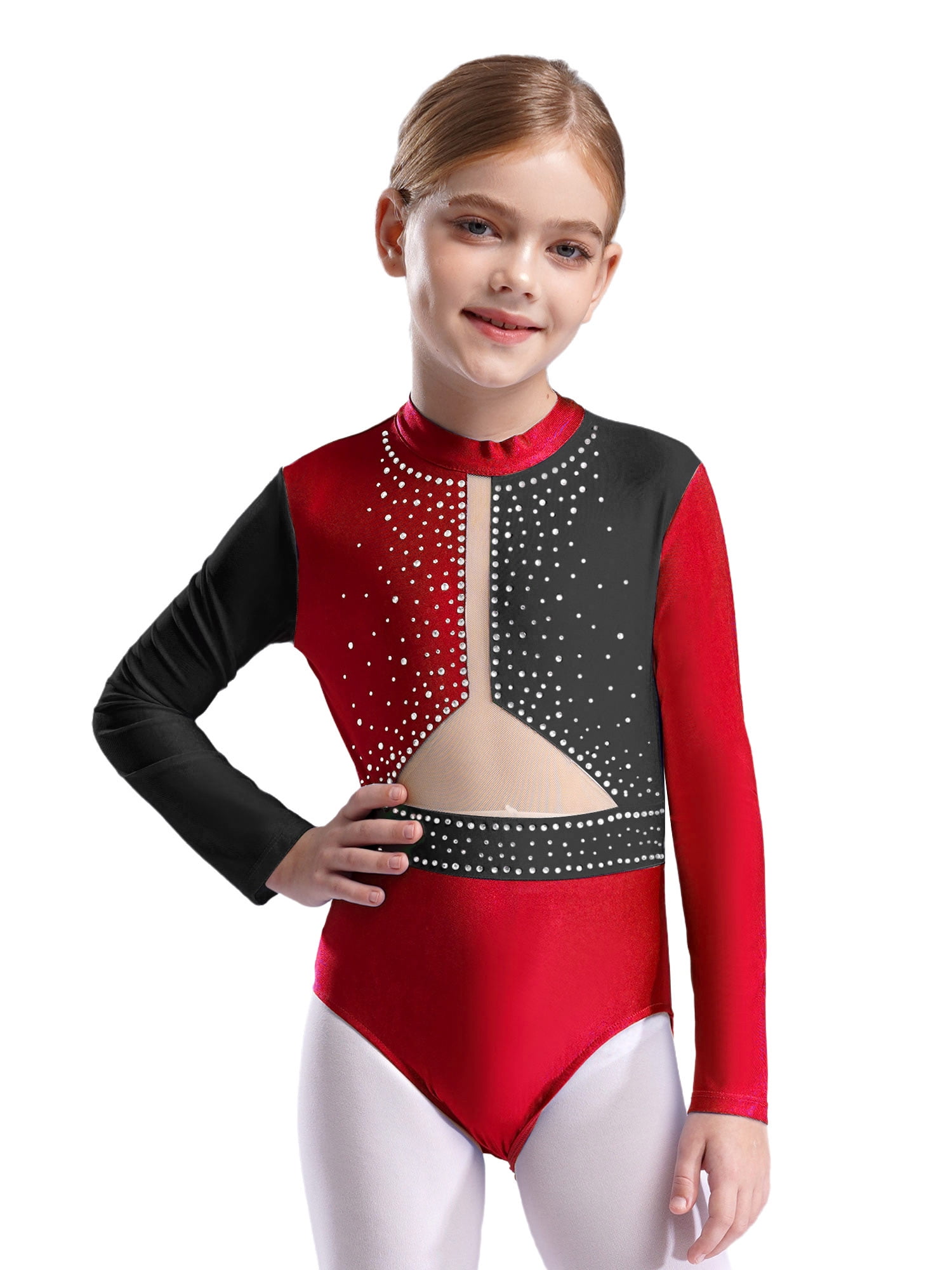 renvena Kids Girls Rhythmic Leotards Rhinestones Mesh Color Block Long ...