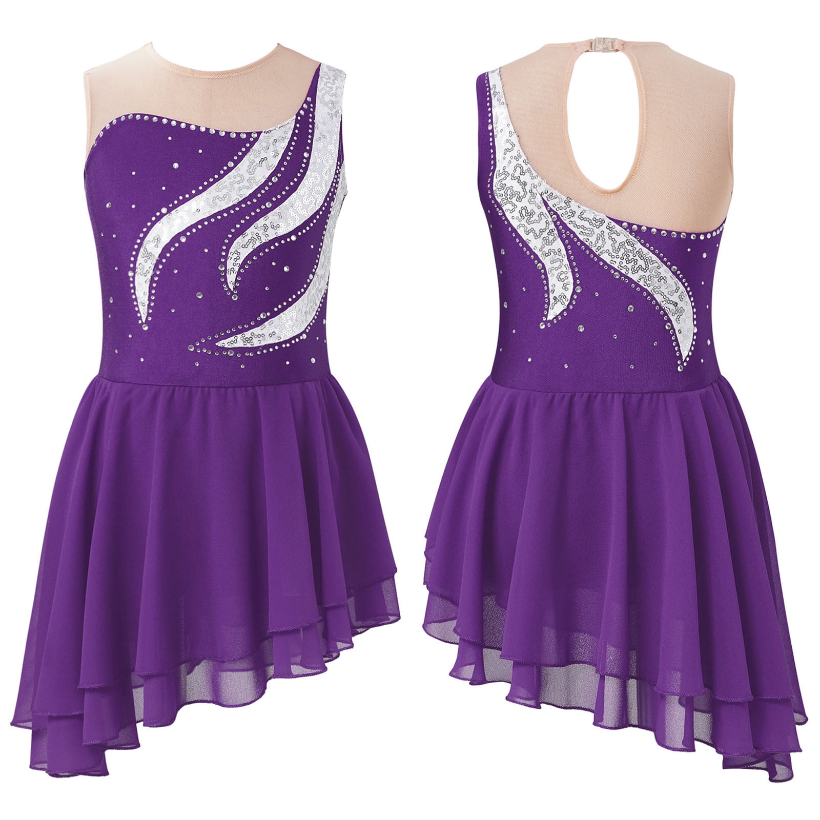 renvena Kids Girls Roller Figure Ice Skating Dress Sleeveless Mesh ...